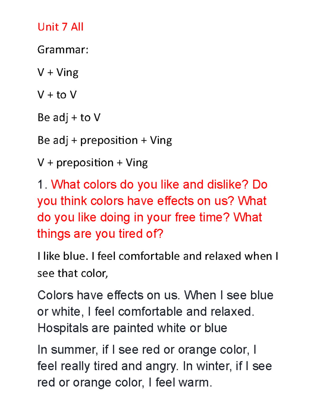 Unit 7 All TRS3 - TRS3 - Unit 7 All Grammar: V + Ving V + to V Be adj + to V Be adj ...