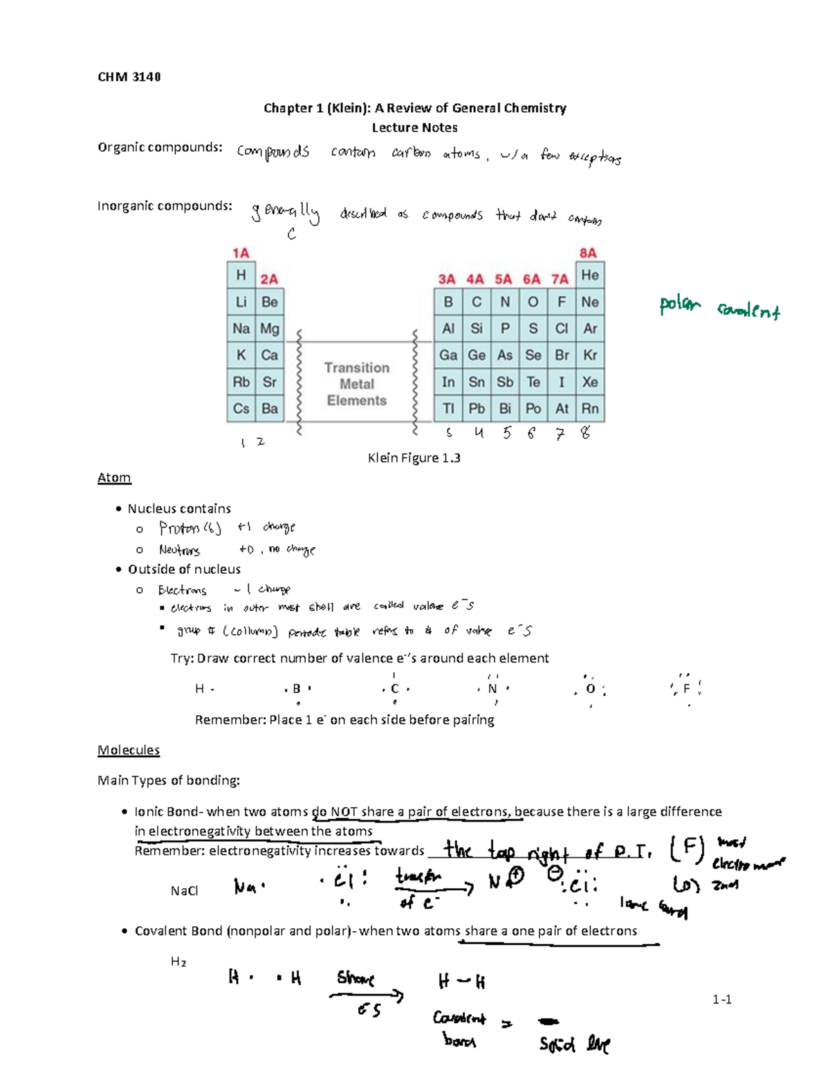Ochem Ch 1 Notes - 1- Chapter 1 (Klein): A Review of General Chemistry ...