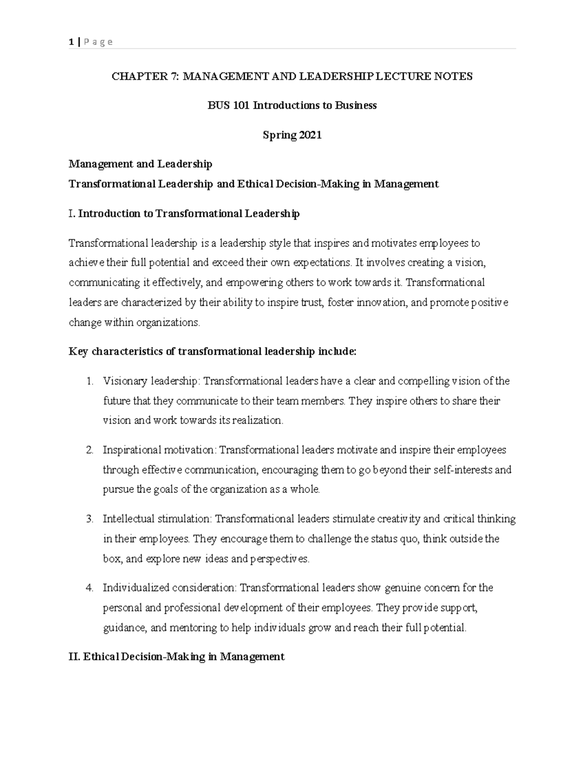 BUS 101 Chapter 7 Management and Leadership Lecture Notes - CHAPTER 7 ...