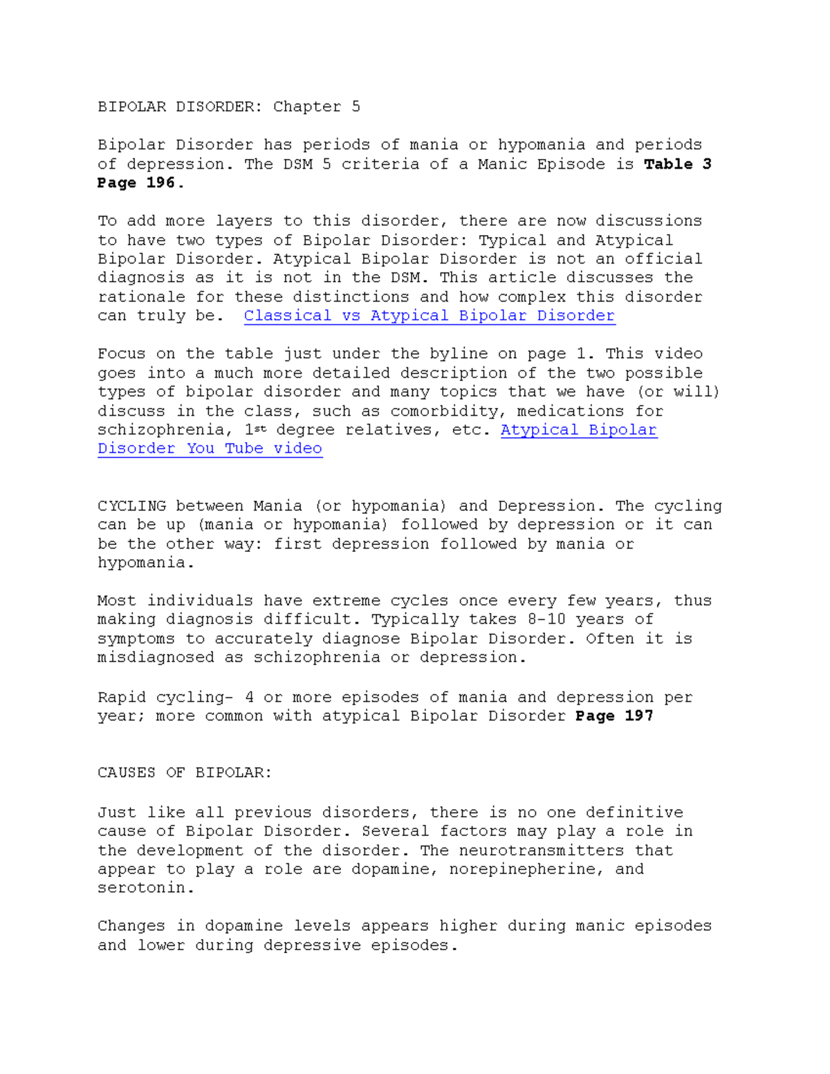 Lecture Notes Bipolar Disorder - BIPOLAR DISORDER: Chapter 5 Bipolar ...