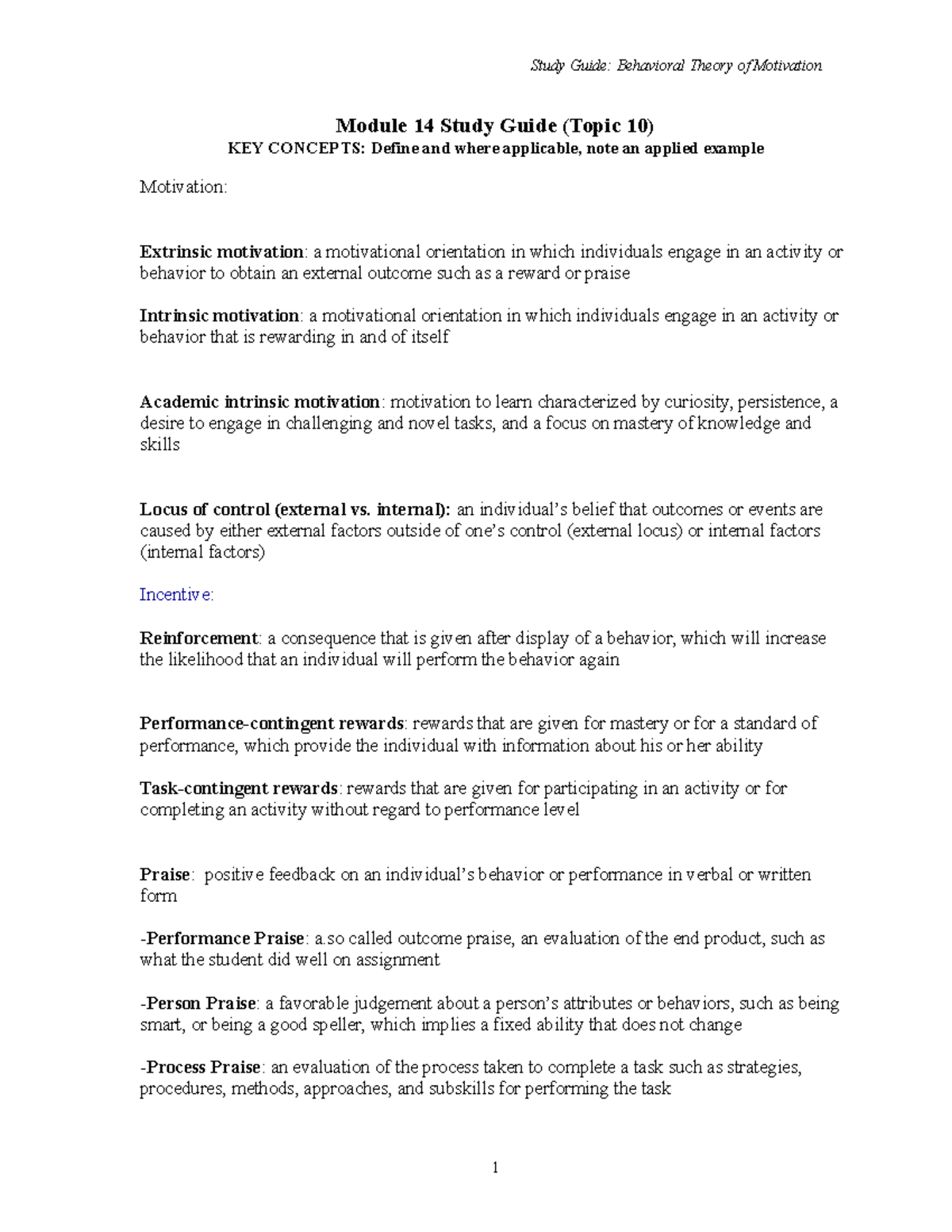 Module 14 Study+Guide-1 - Study Guide: Behavioral Theory of Motivation ...