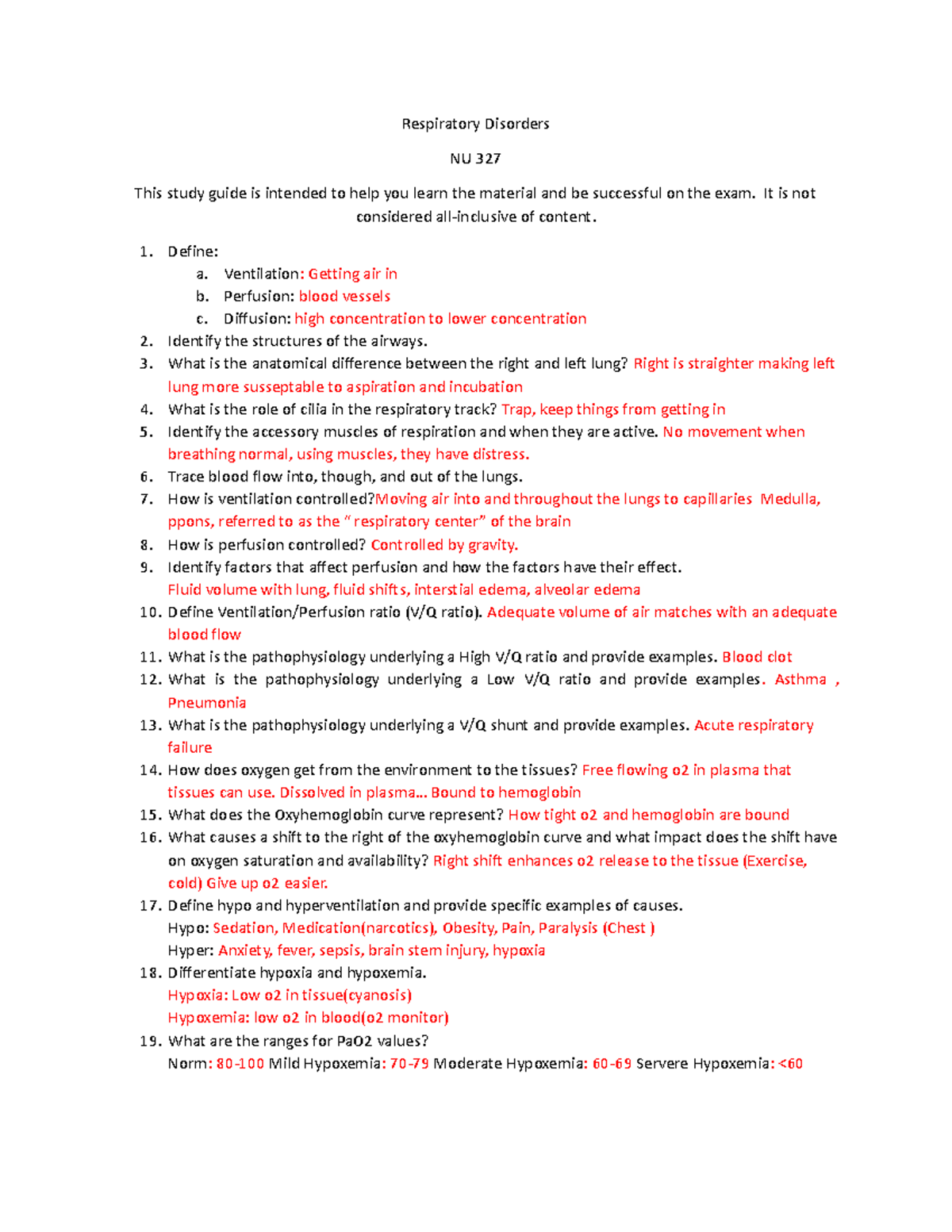 Respiratory Study Guide - Respiratory Disorders NU 327 This study guide ...