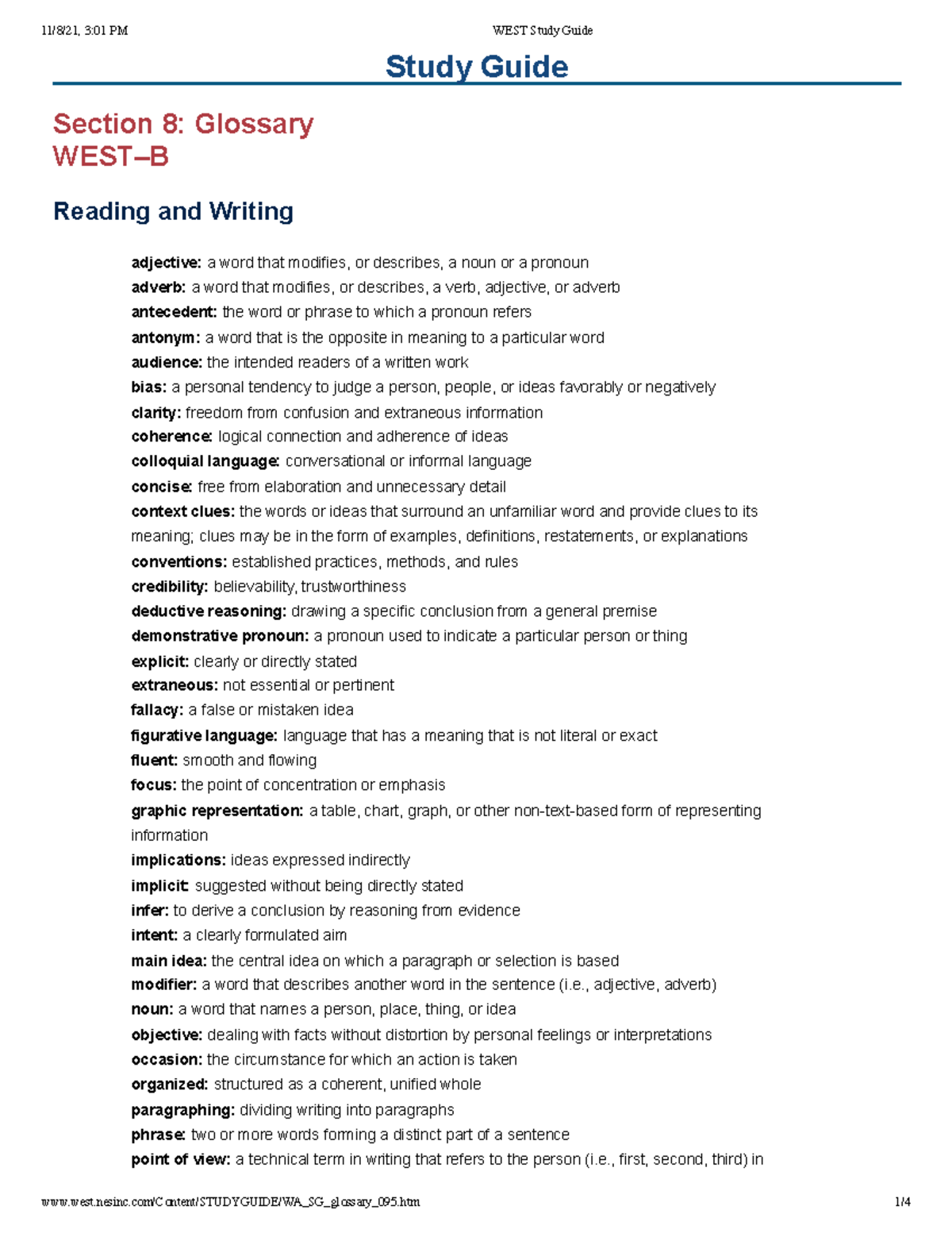 WEST Study Guide - Study Guide Section 8: Glossary WEST–B Reading and ...
