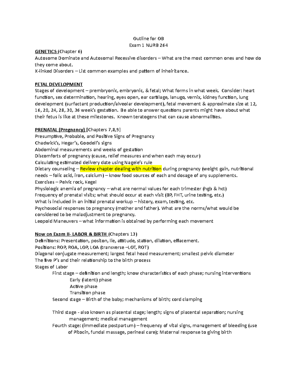 Outline for OB Exam 1 - X-linked Disorders – List common examples and ...