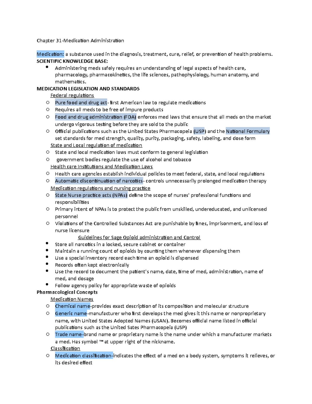 Chapter 31 n UR 300 - Notes based on medication administration ...