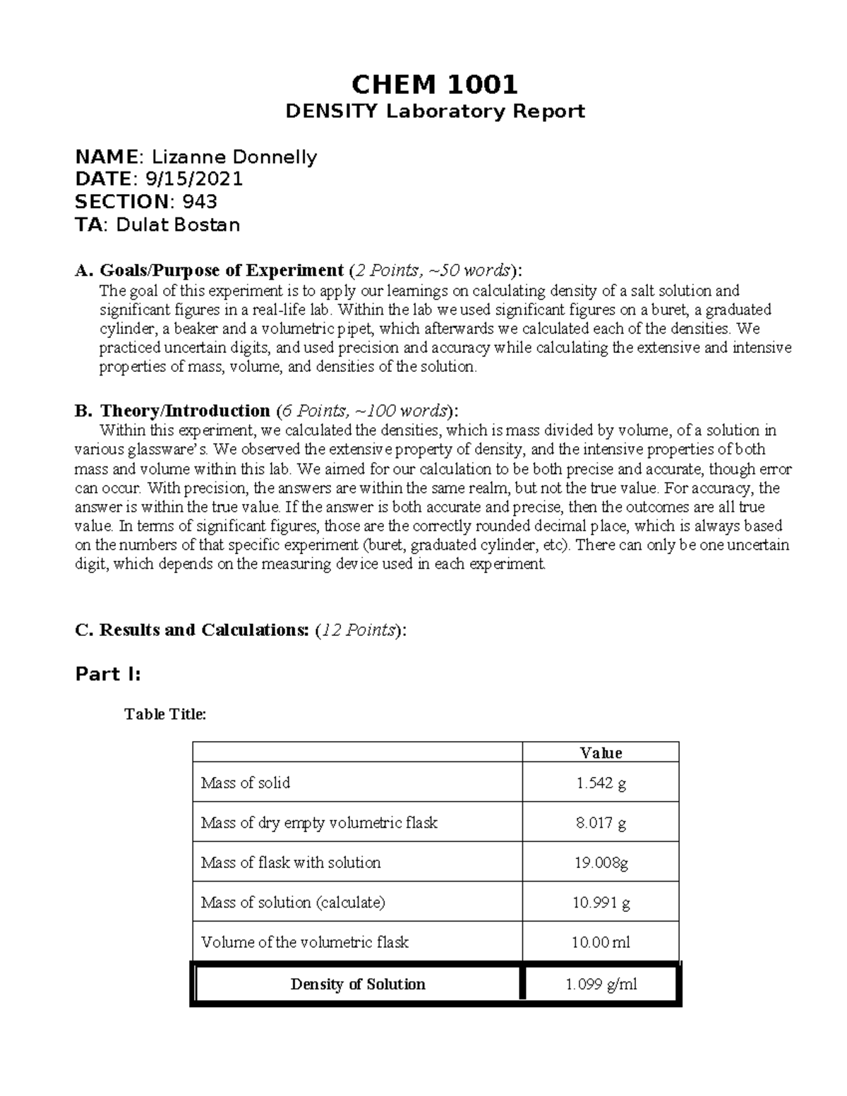 Density Lab report - online - CHEM 1001 DENSITY Laboratory Report NAME ...