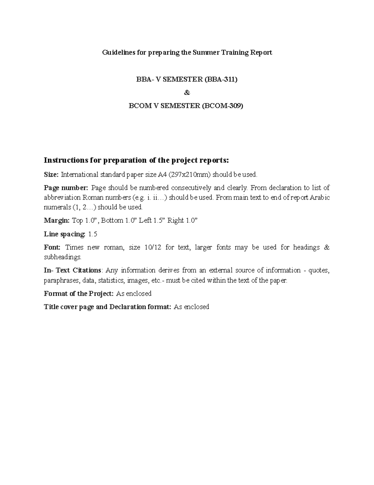 Guidelines and Format of Summer Training Projects for BBA & B.COM V th - Guidelines for ...