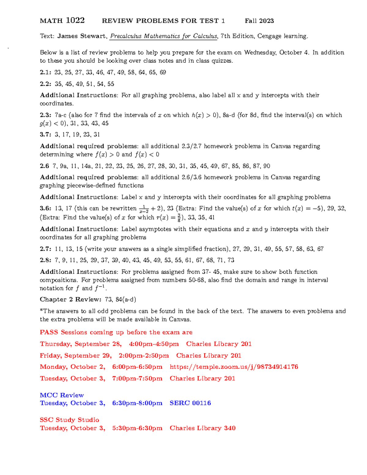 Exam 1 Review Sheet Fall 2022 - . MATH 1022 REVIEW PROBLEMS FOR TEST 1 ...