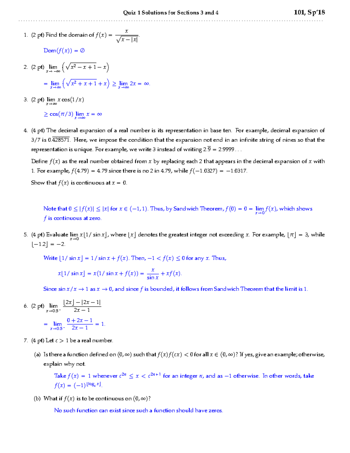 Q1 Sec 3 4 - .................. - Quiz 1 Solutions for Sections 3 and 4 101, Sp’ - Studocu