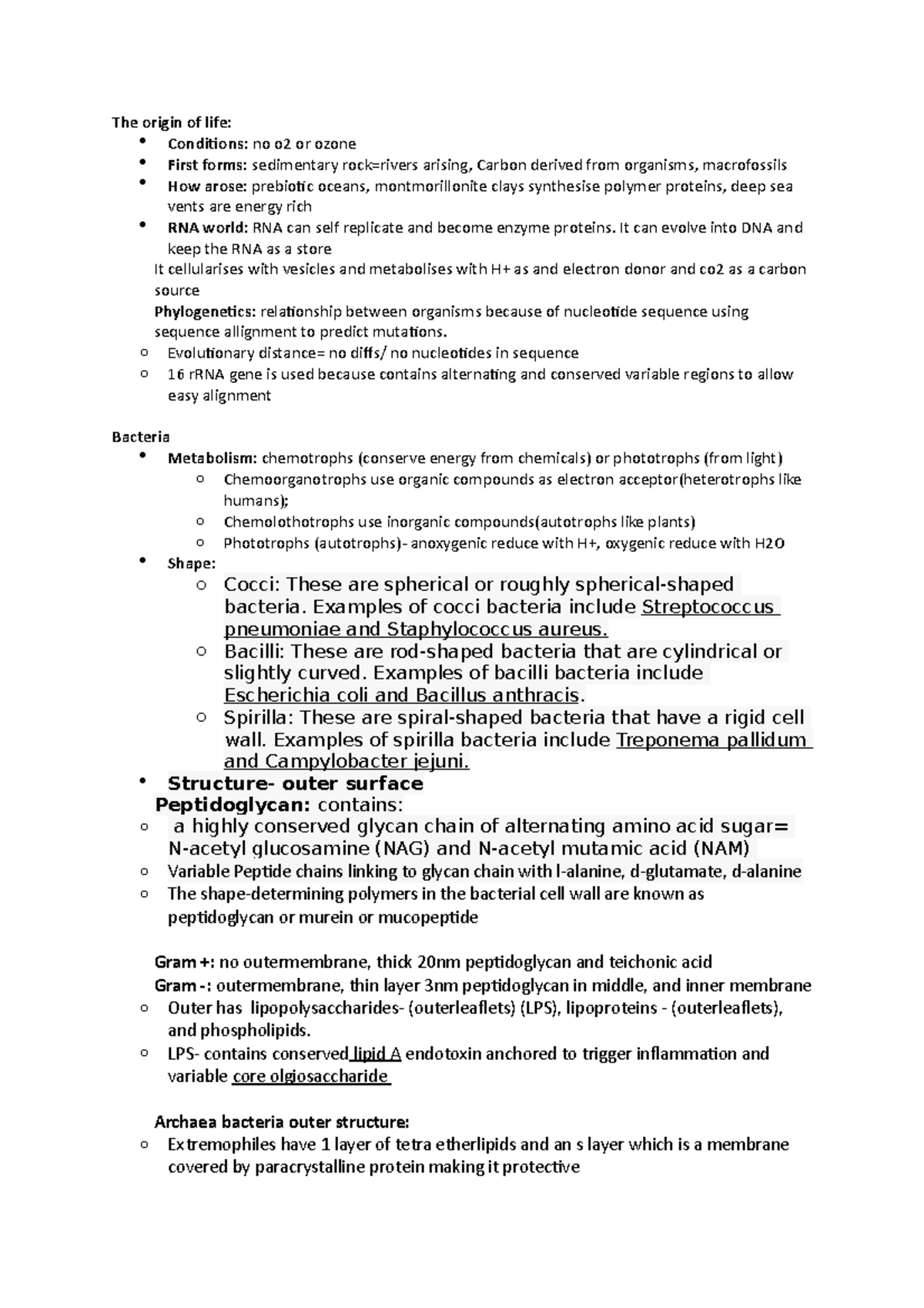 Microbes summary notes - The origin of life: Conditions: no o2 or ozone ...