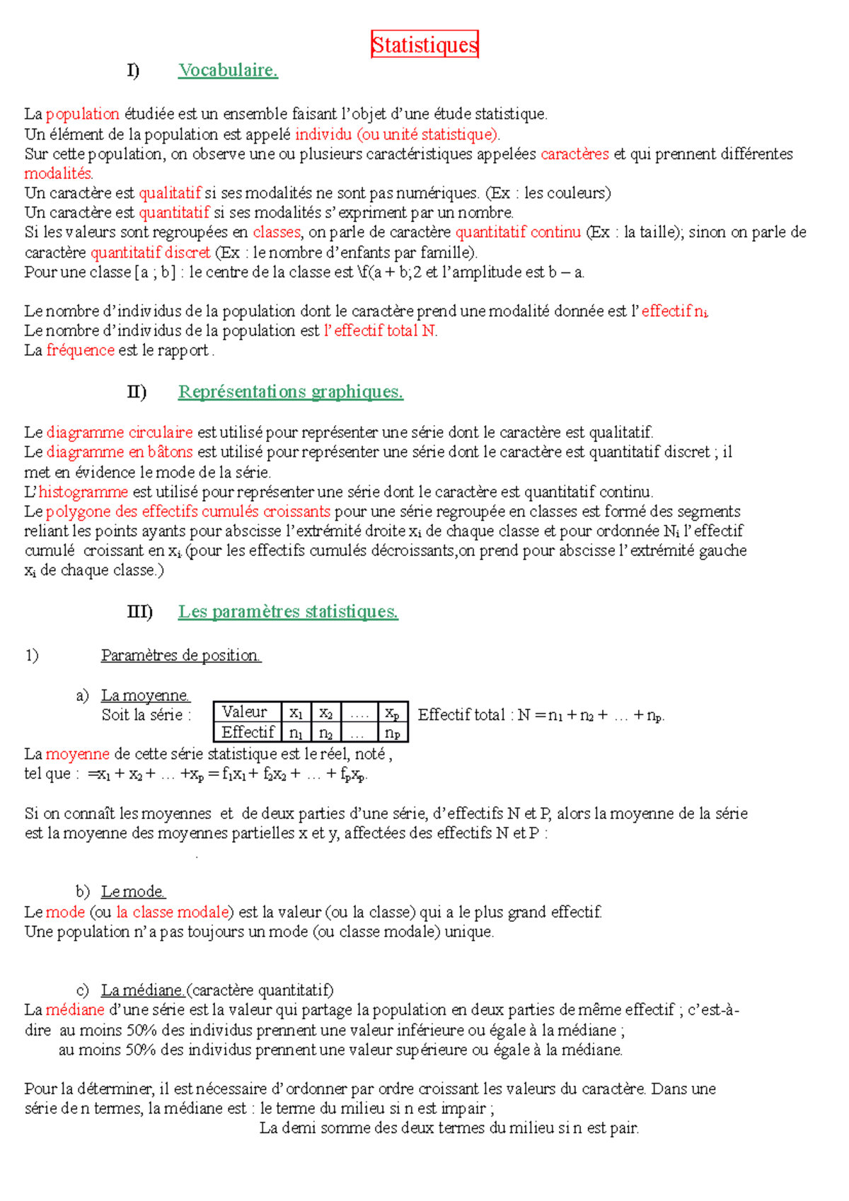 Statistiques - math Lycee - Statistiques I) Vocabulaire. La population ...