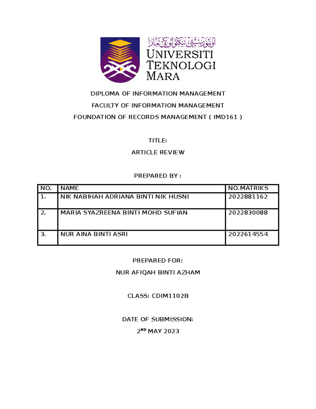 IMD161 Assignment - DIPLOMA OF INFORMATION MANAGEMENT FACULTY OF ...