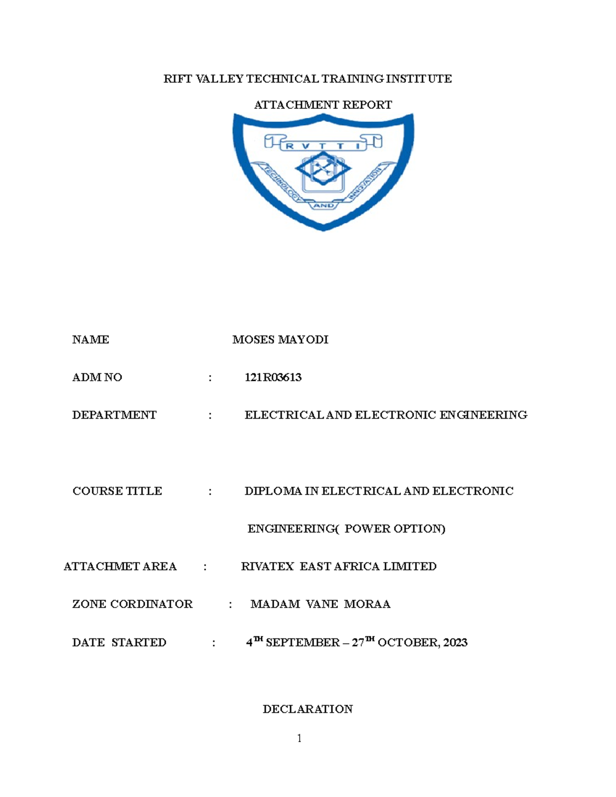 Power Report 2 - RIFT VALLEY TECHNICAL TRAINING INSTITUTE ATTACHMENT ...