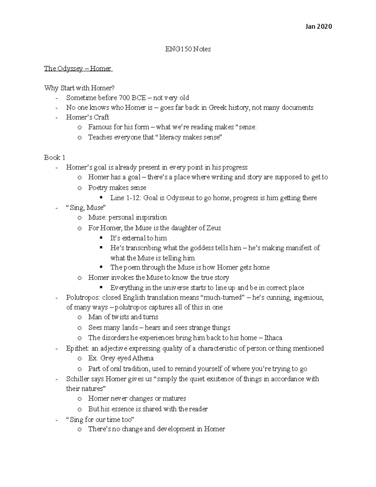 ENG150 Reading Notes - ENG150 Notes The Odyssey – Homer Why Start with ...
