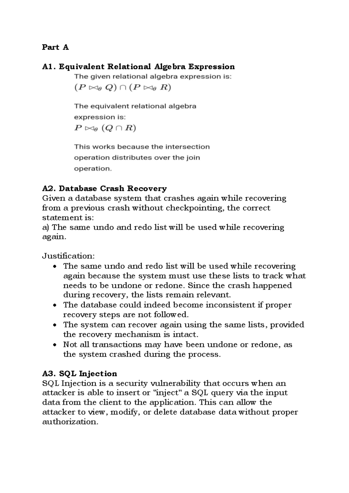 Dbms assignment - Part A A1. Equivalent Relational Algebra Expression ... Dbms assignment - Part A A1. Equivalent Relational Algebra Expression ...