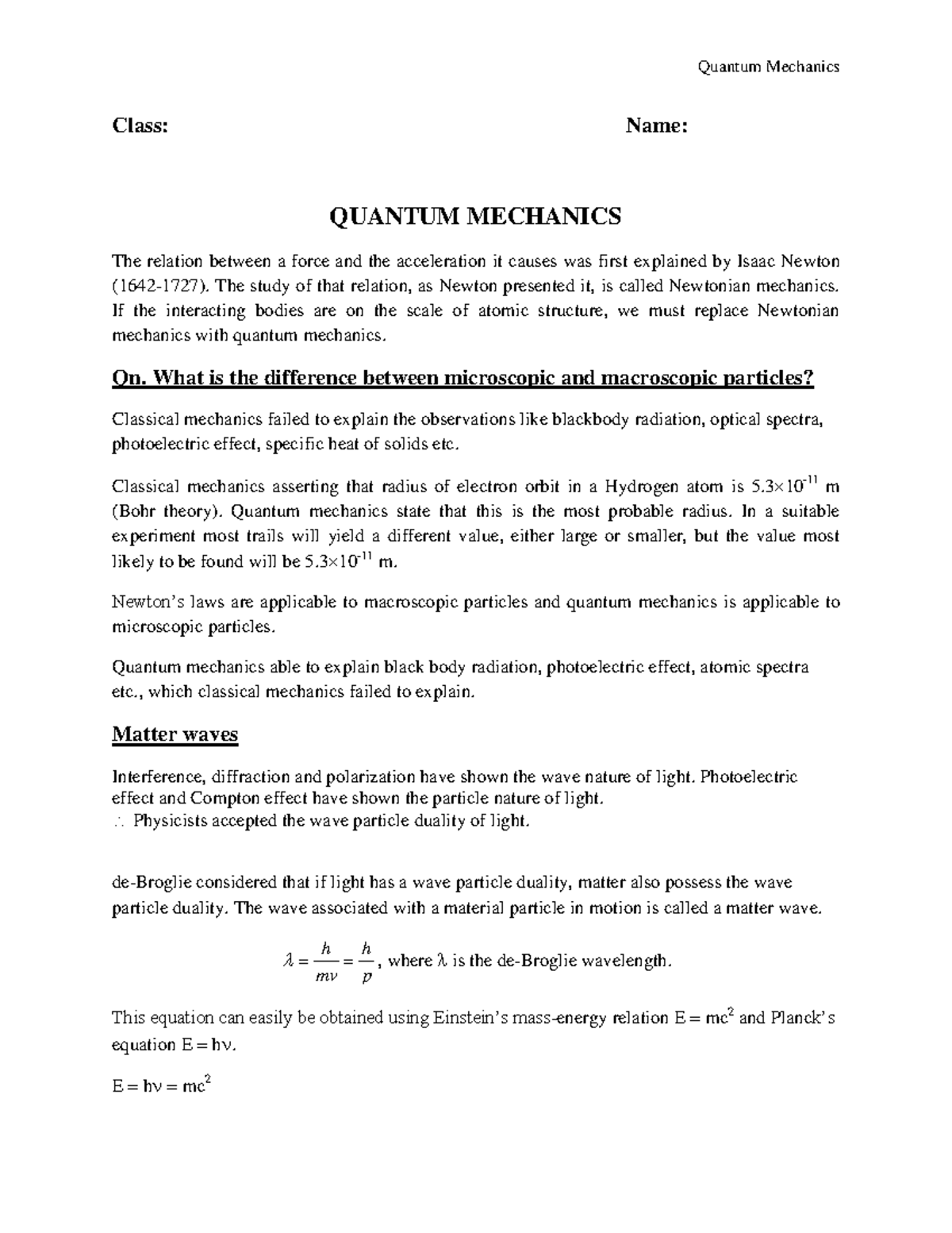 Module 3A Introduction and uncertainity - Class: Name: QUANTUM ...