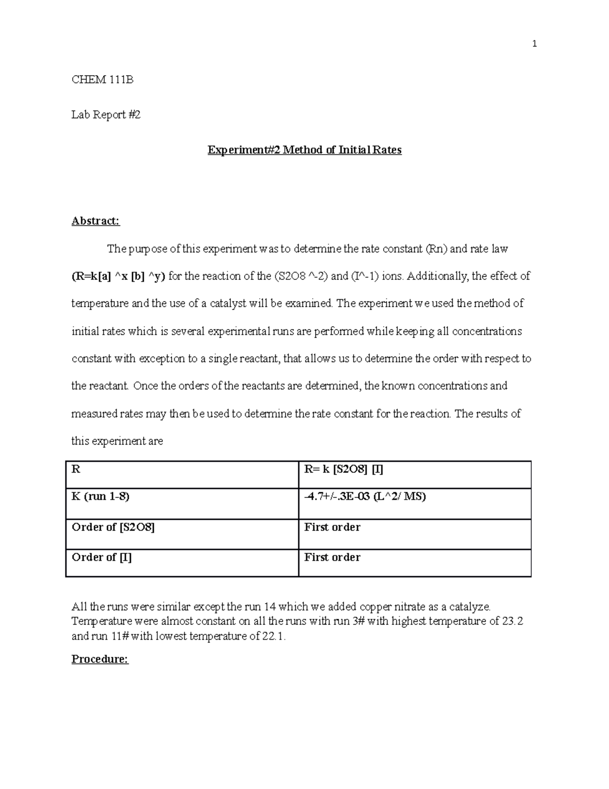 Experiment#2 Method of Initial Rates - CHEM 111B Lab Report ...