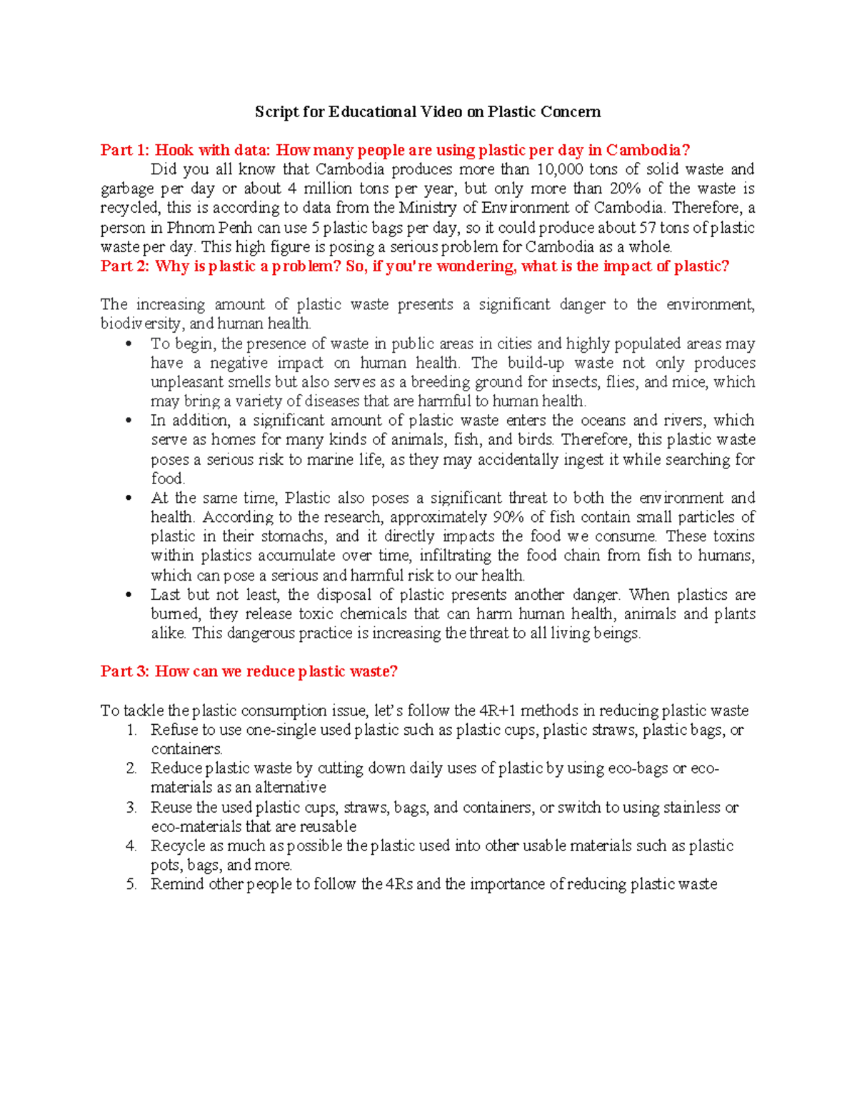 Script for Educational Video on Plastic Concern - Therefore, a person ...