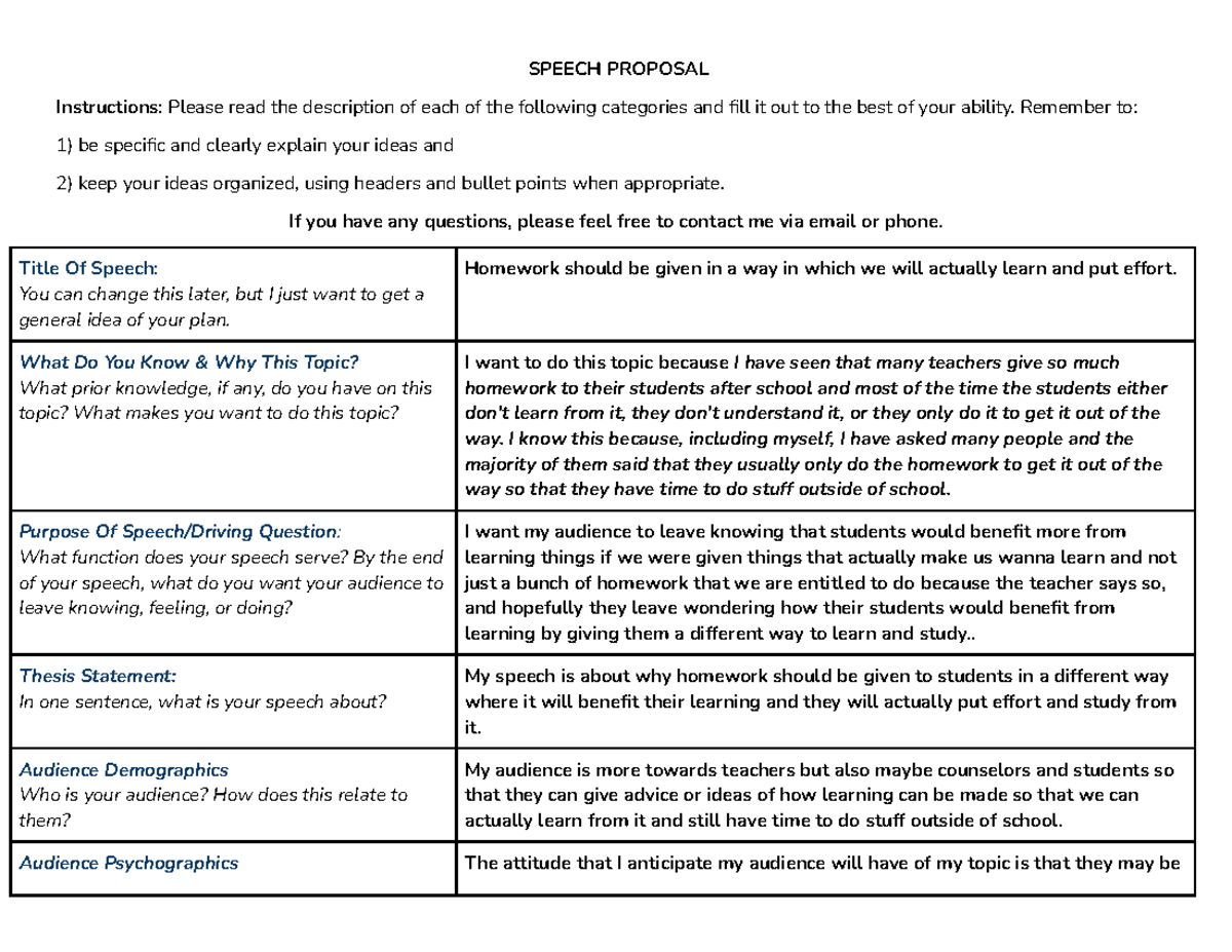 Persuasive Speech Proposal 2 - SPEECH PROPOSAL Instructions: Please ...