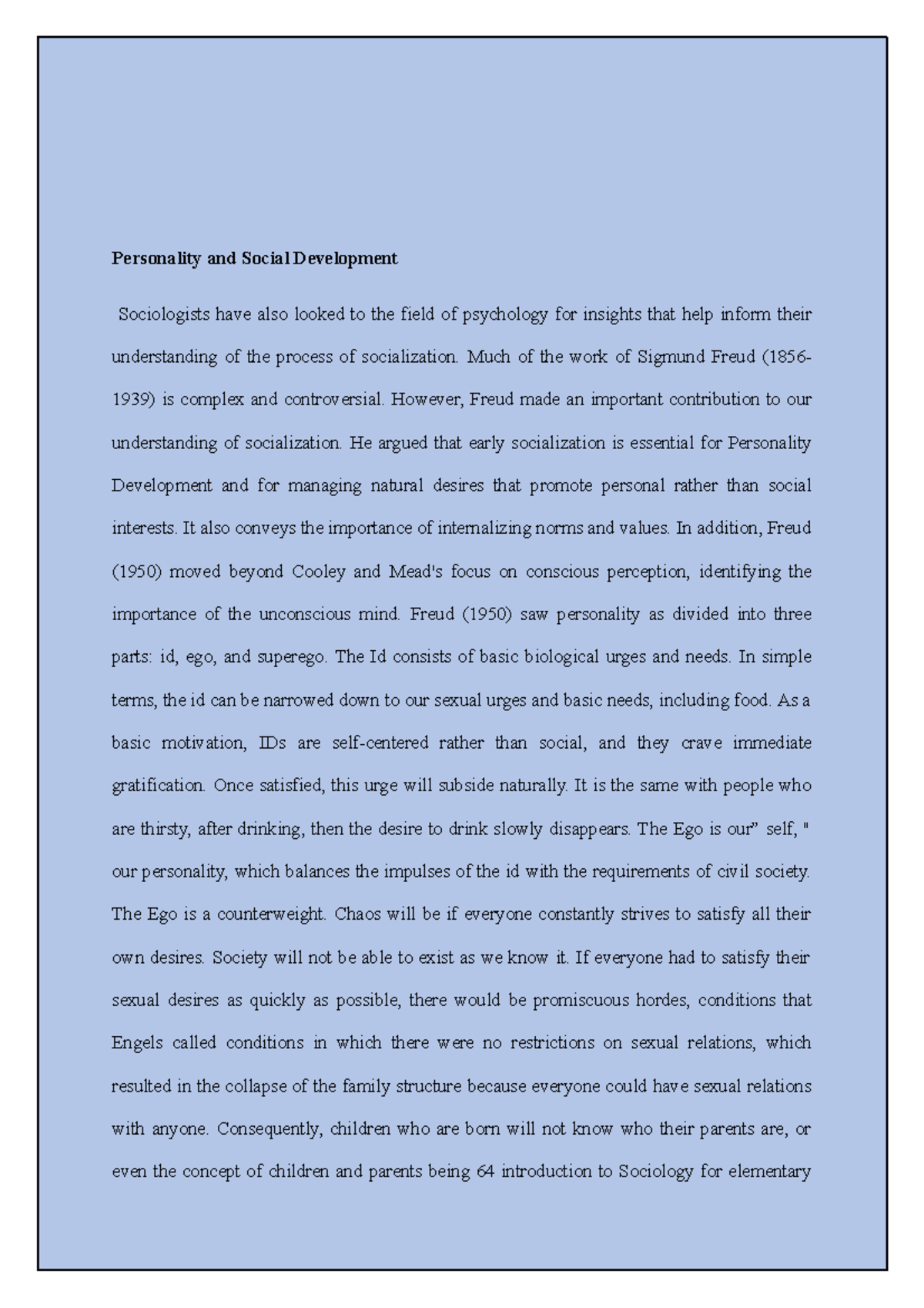 A Study Documents Sociology -Personality and Social Development ...