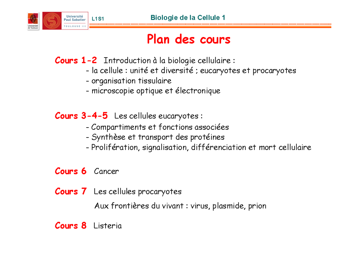 CM1 La cellule - cours 1 bio cell - Plan des cours ####### Cours 1-2 ...