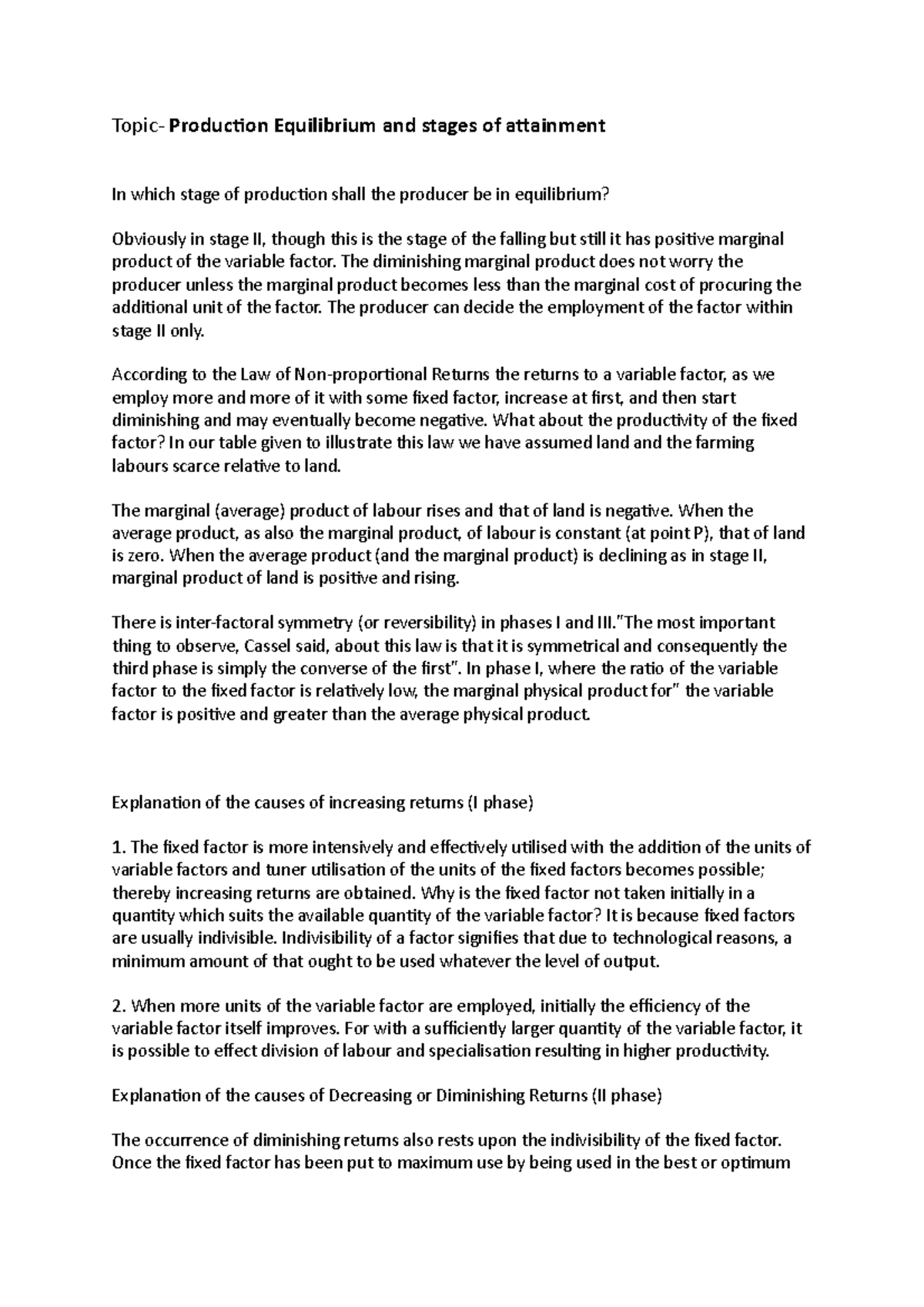 Topic-Production Equilibrium and stages of attainment - The diminishing ...