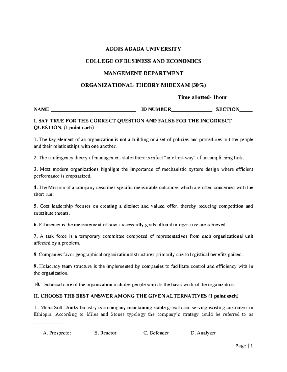 OT MID EXAM - Organization theories - ADDIS ABABA UNIVERSITY COLLEGE OF ...