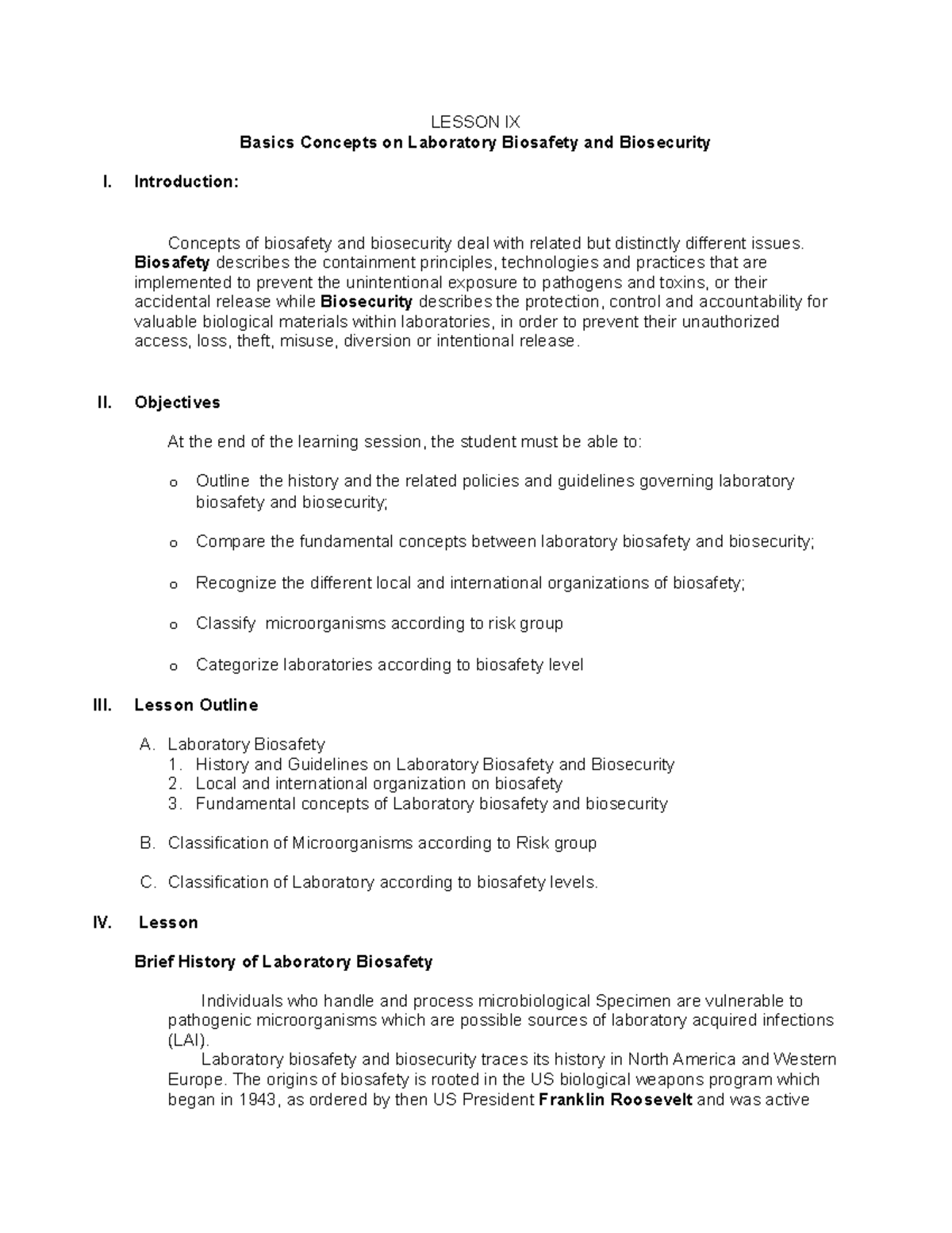 MT 101-1 Module 9 - LESSON IX Basics Concepts on Laboratory Biosafety ...