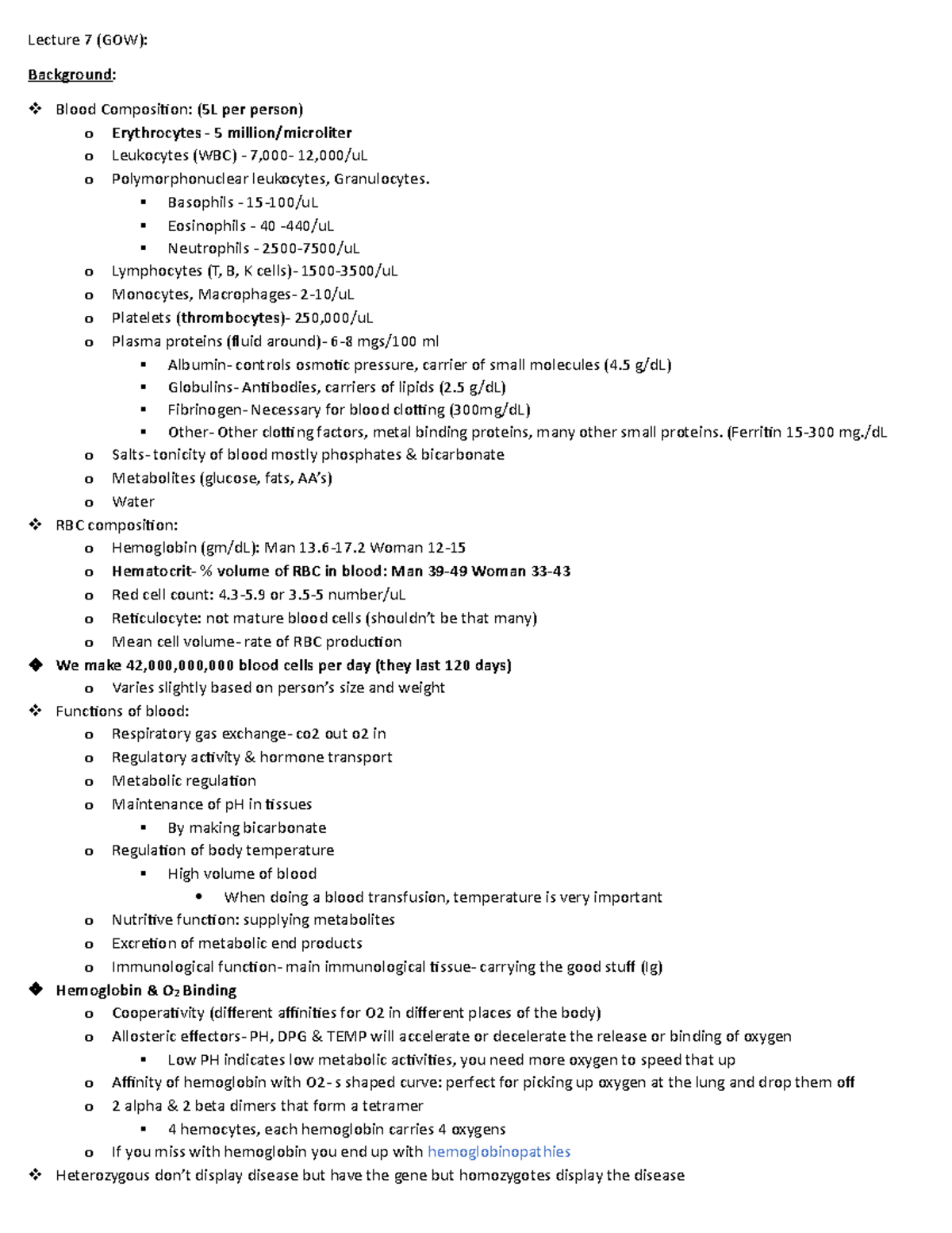 7. Blood - Lecture 7 (GOW): Background: Blood Composition: (5L per ...