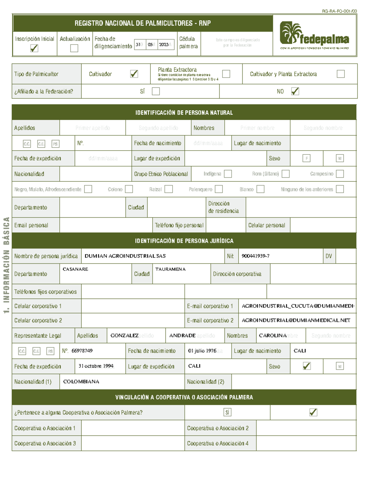 Formulario DE Fedepalma - REGISTRO NACIONAL DE PALMICULTORES - RNP CON EL APOYO DEL FONDO DE ...