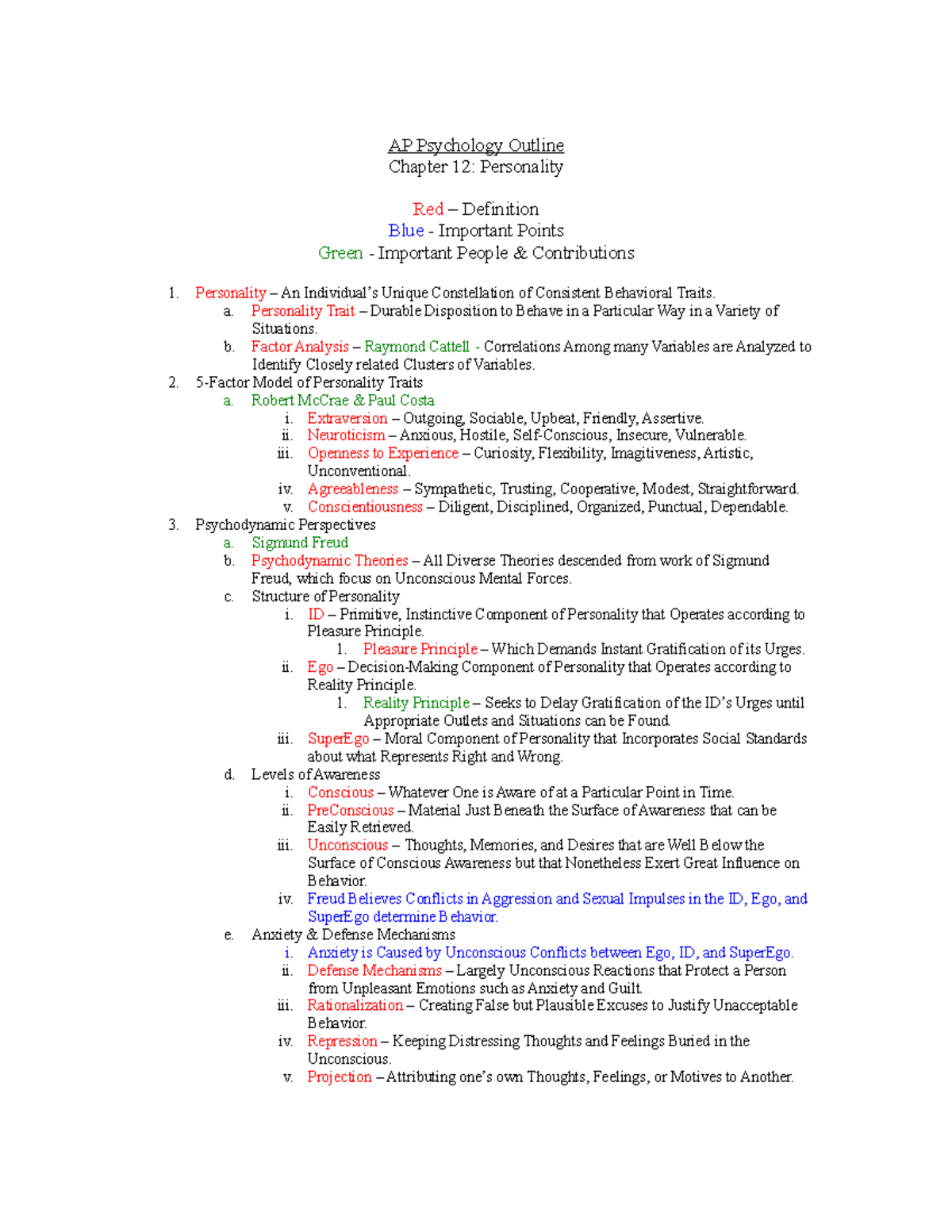 Intro to Psychology 1001 Ch.12 Personality - AP Psychology Outline ...