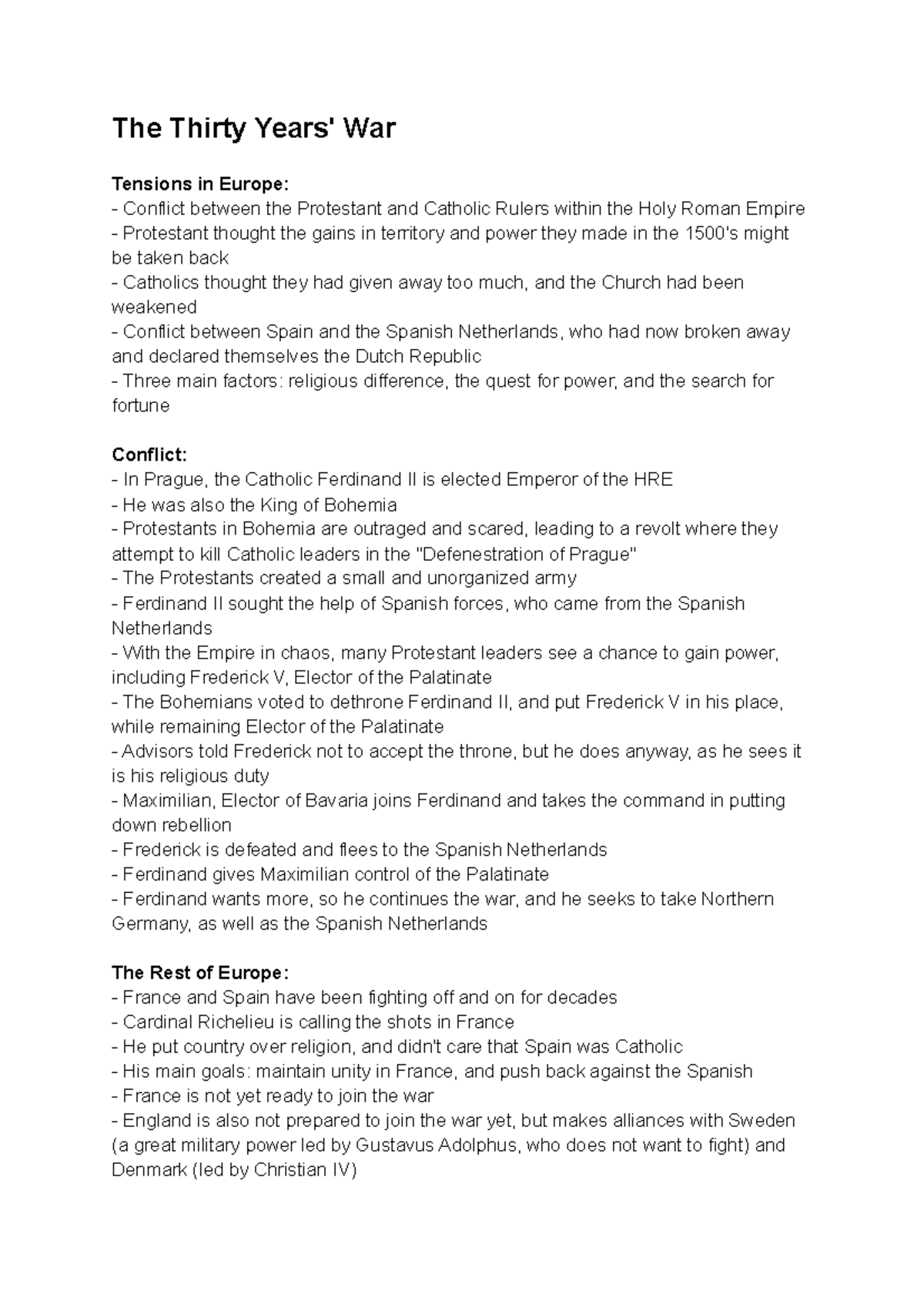 Lecture notes- The Thirty Years' War - The Thirty Years' War Tensions ...