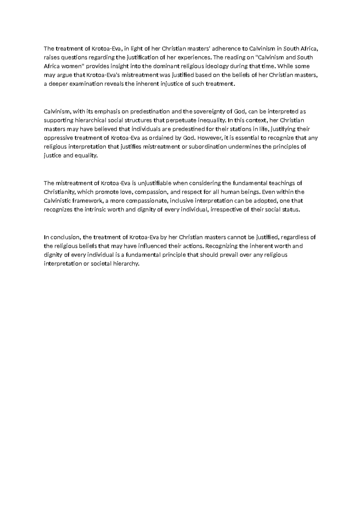 SOC 220 Tut Assignment Notes - The treatment of Krotoa-Eva, in light of ...