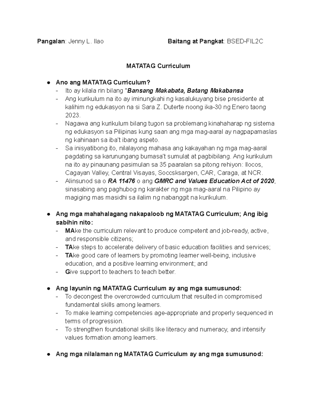 Deped Matatag Curriculum - Pangalan: Jenny L. Ilao Baitang at Pangkat ...