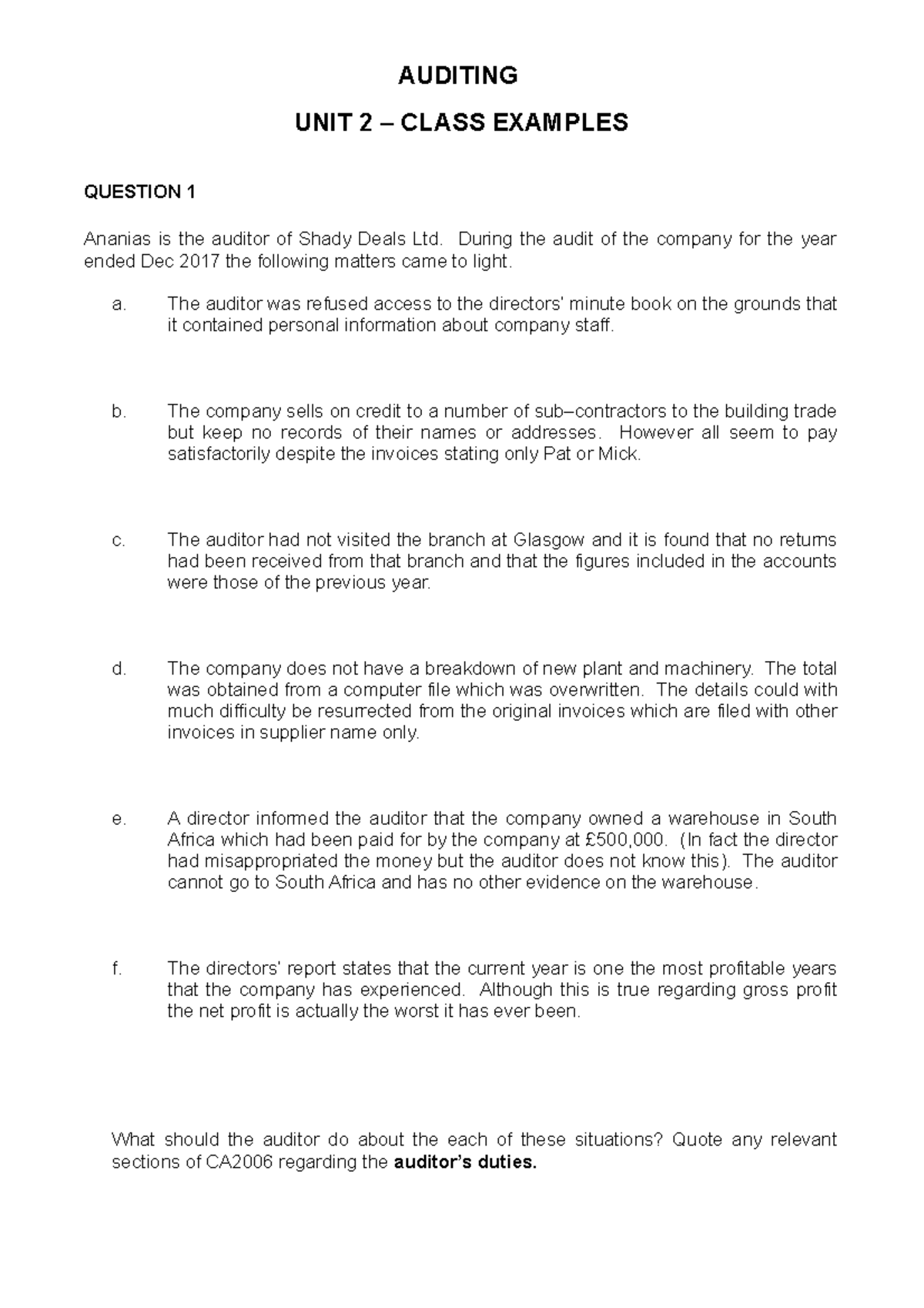 02 Class Examples 2022 2023 - AUDITING UNIT 2 – CLASS EXAMPLES QUESTION ...