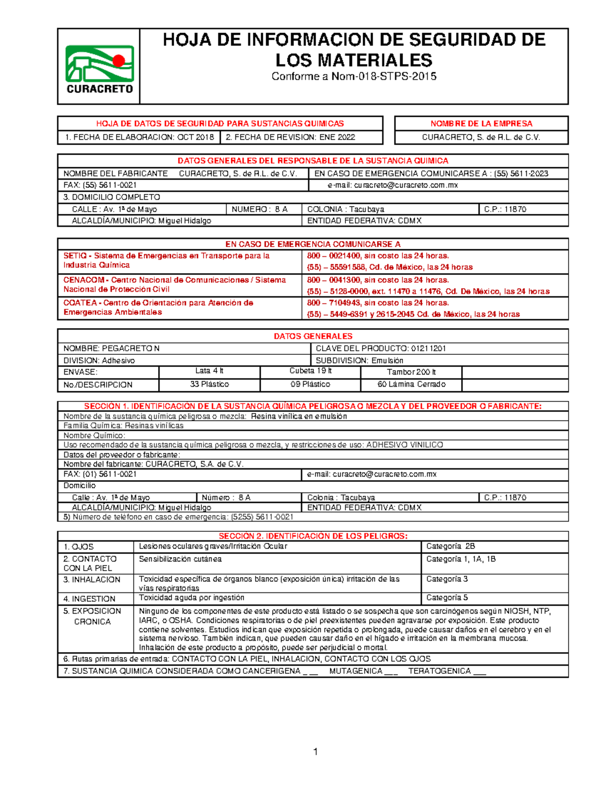 HDS - Pegacreto - HOJA DE INFORMACION DE SEGURIDAD DE LOS MATERIALES Conforme a Nom-018-STPS ...