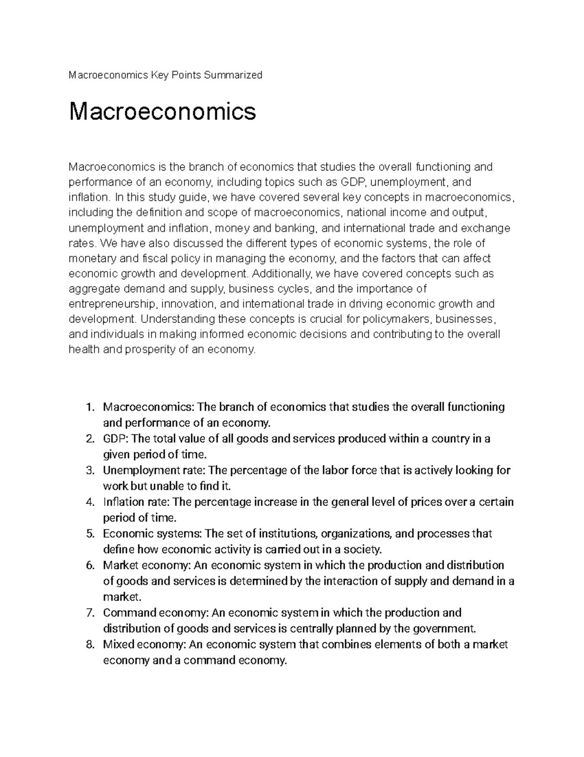 Macroeconomics Key Points Summarized Macroeconomics Key Points