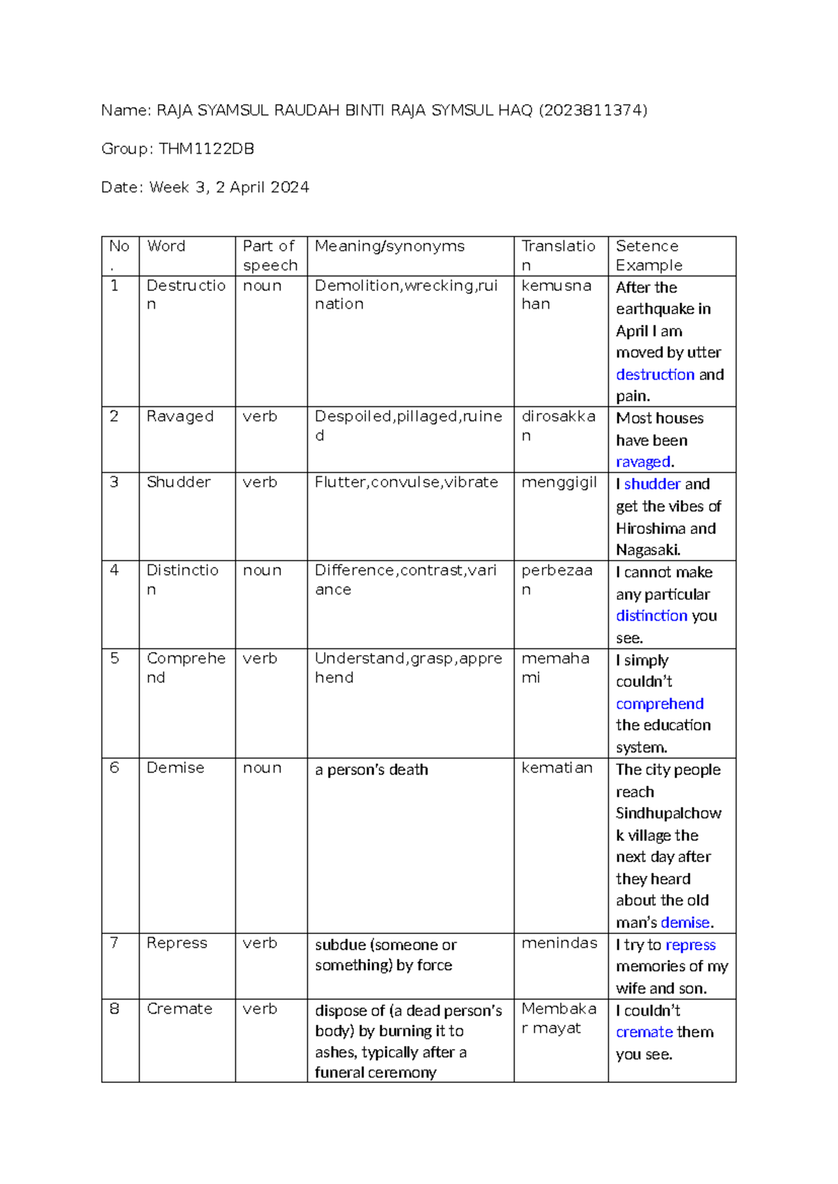My Vocabulary Journal(Week 3) - Name: RAJA SYAMSUL RAUDAH BINTI RAJA ...
