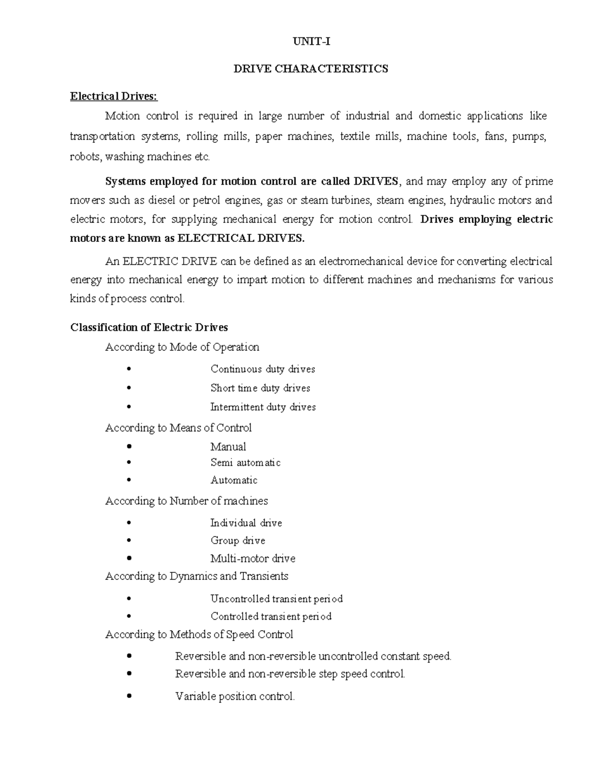 Introduction to drives - UNIT-I DRIVE CHARACTERISTICS Electrical Drives ...