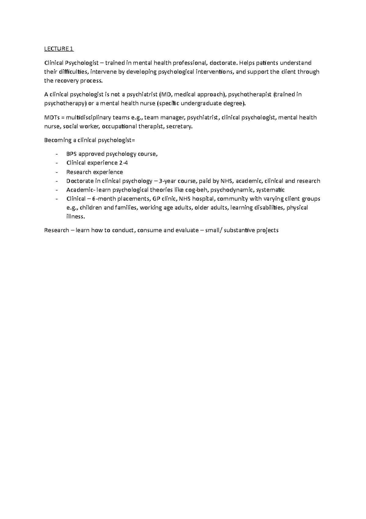 Ps118 clincal psych lecture 1 - LECTURE 1 Clinical Psychologist ...