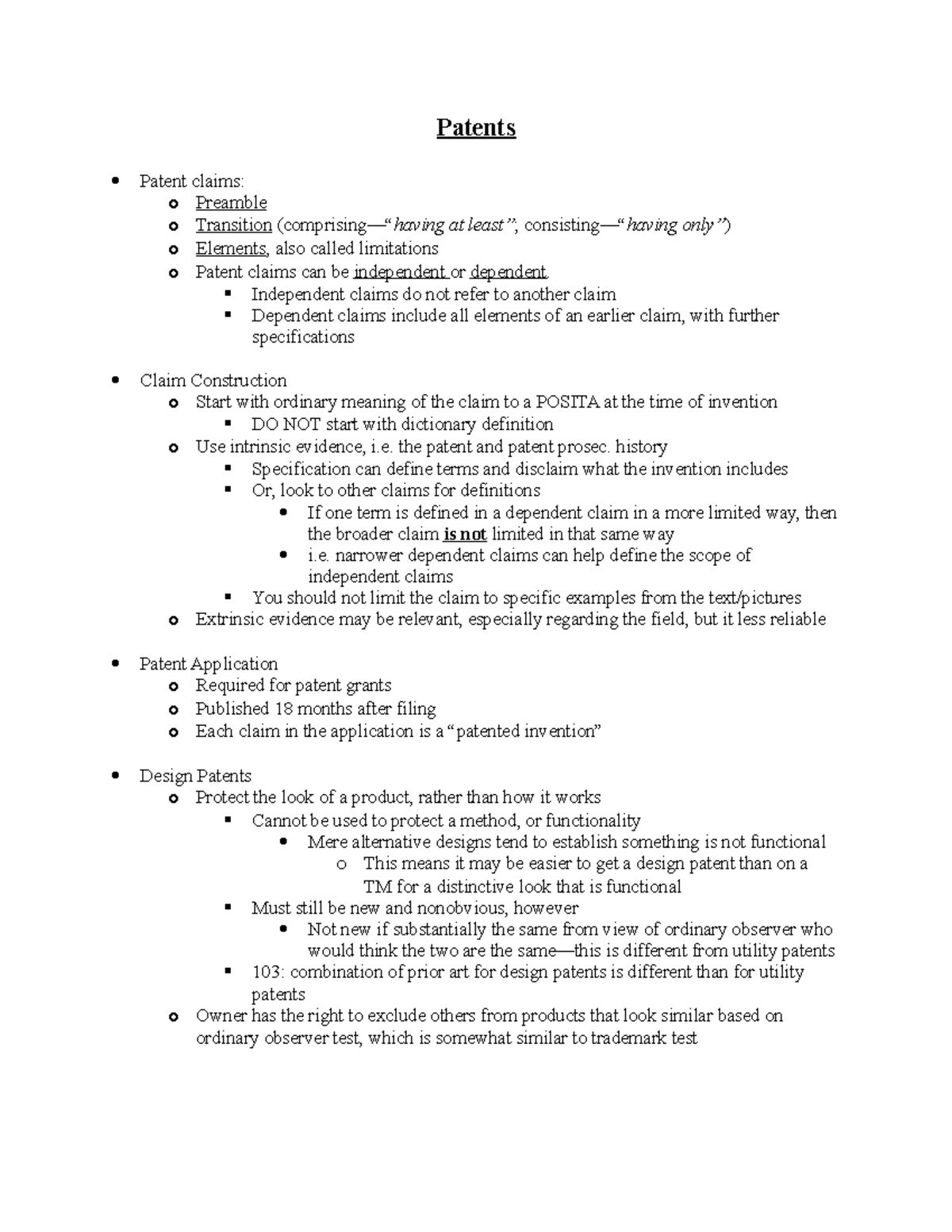 IP outline - Patents Patent claims: o Preamble o Transition (comprising ...