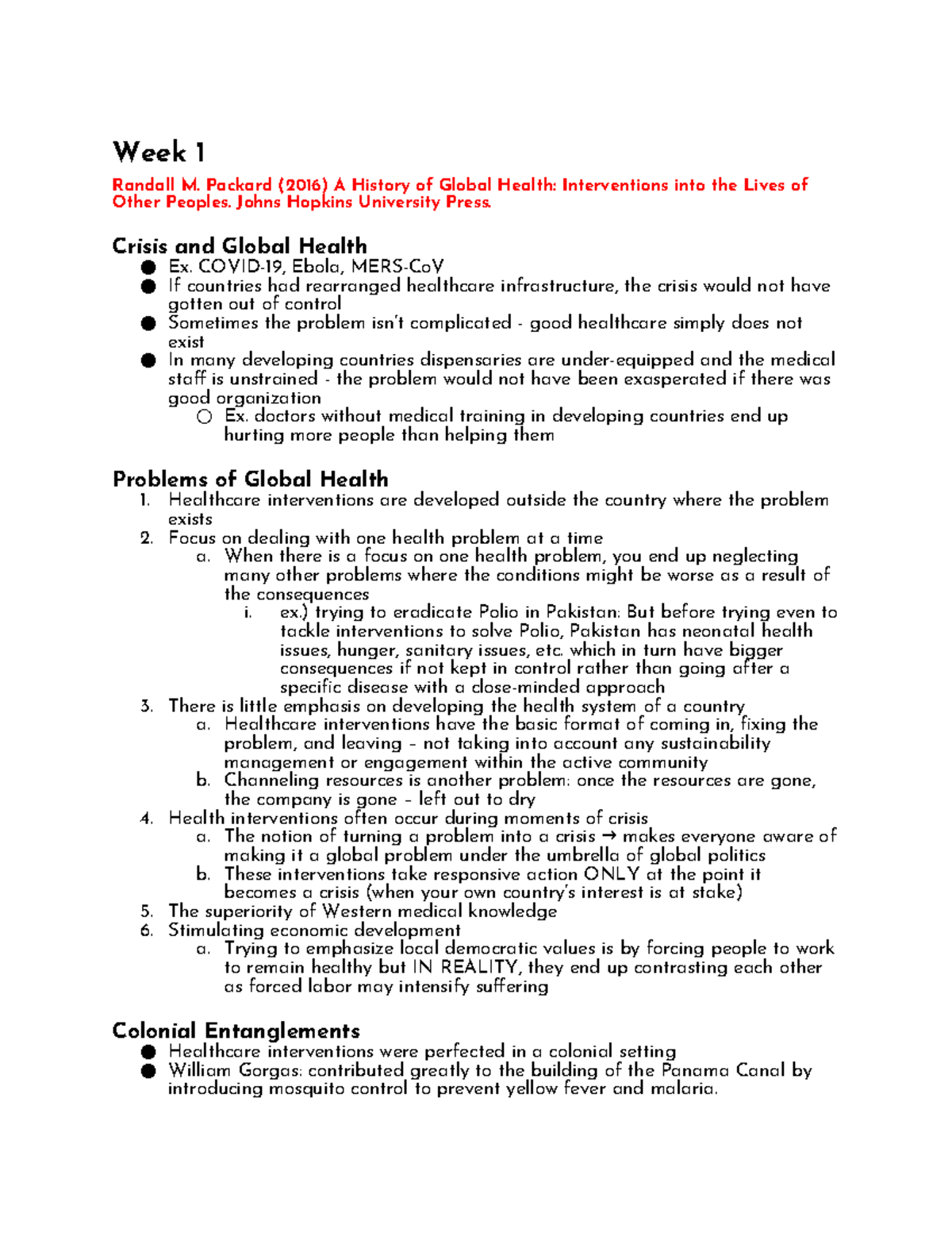 ANTH 303 Notes - Week 1 Randall M. Packard (2016) A History of Global ...