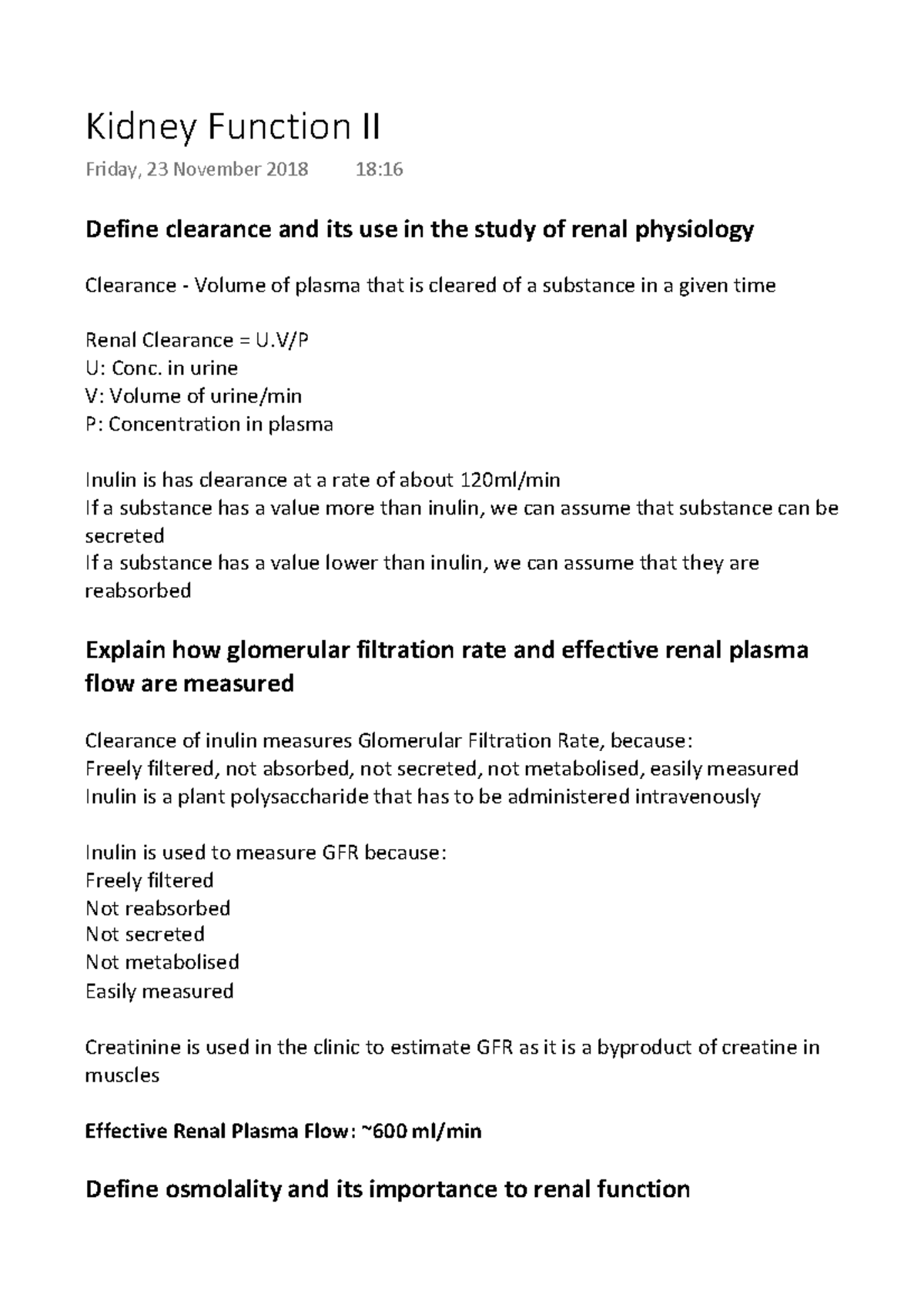 Kidney Function II - Define clearance and its use in the study of renal ...