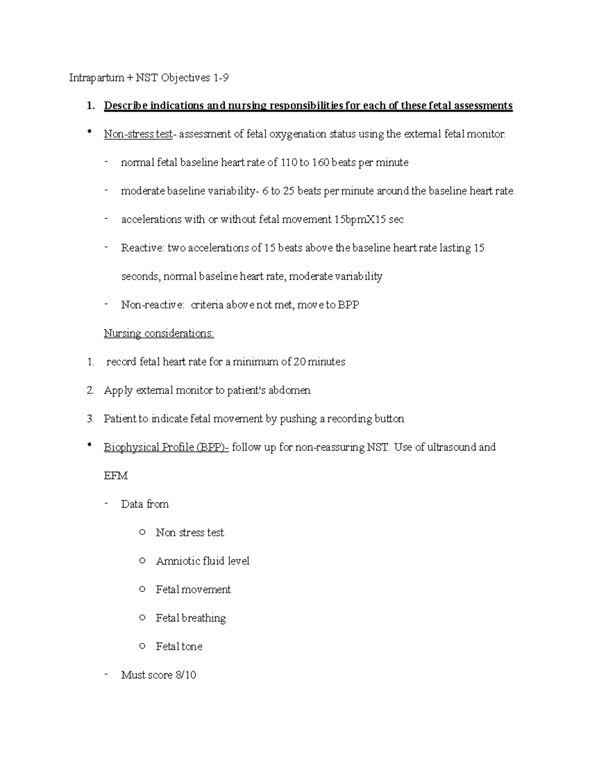 Intrapartum + NST Objectives 1 - 9 - Describe indications and nursing ...
