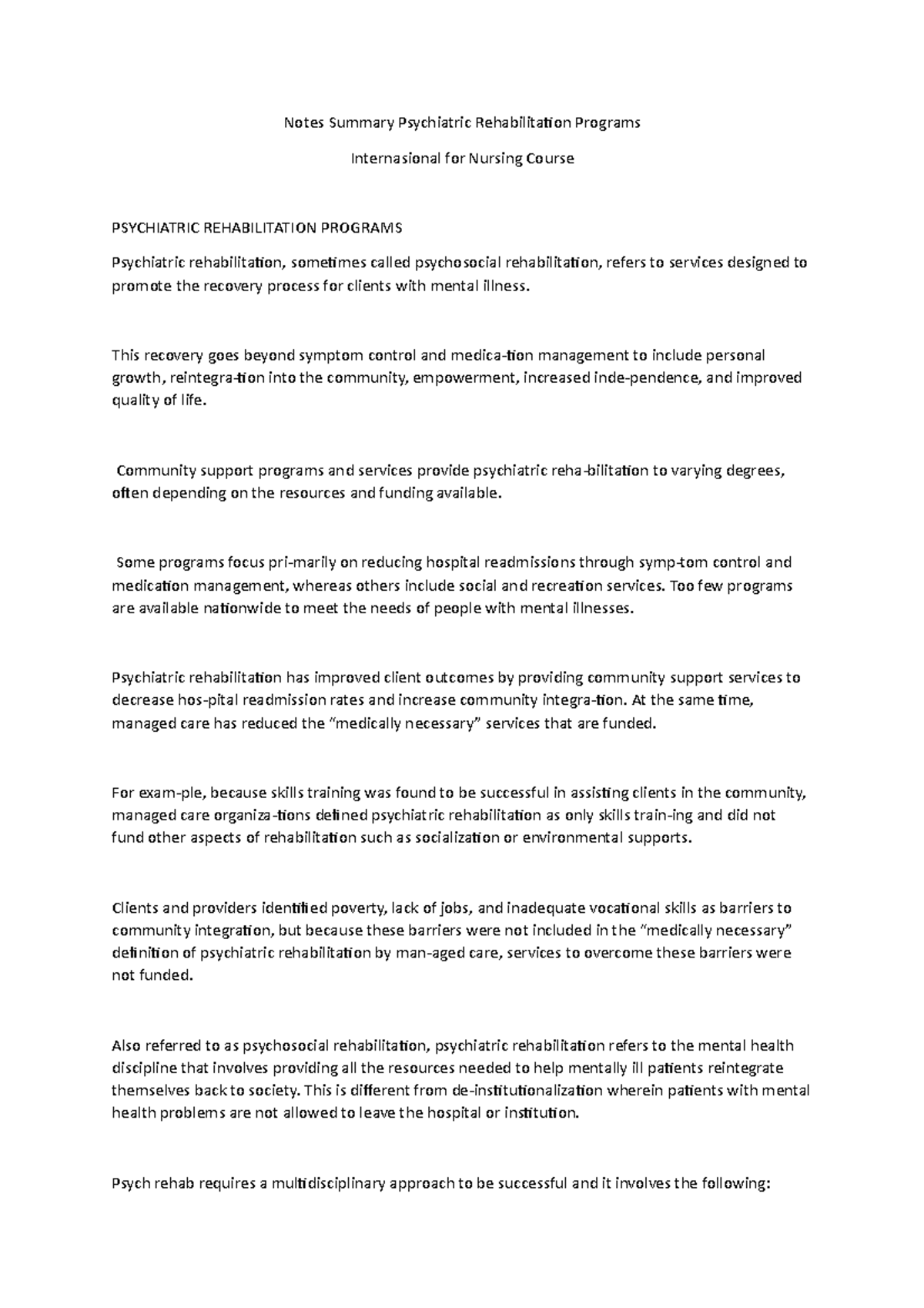 Notes Summary Psychiatric Rehabilitation Programs Internasional for ...