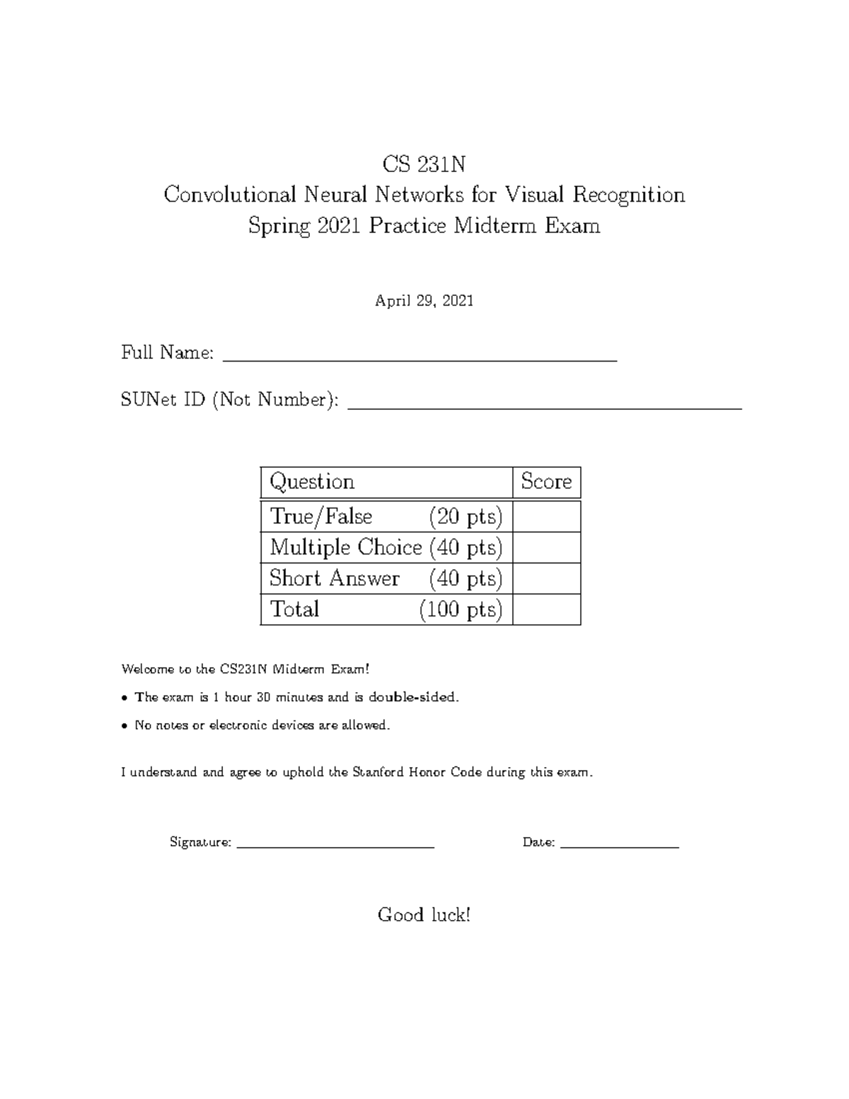 CS 231N Spring 2021 Practice Midterm Exam - CS 231N Convolutional Neural Networks for Visual ...