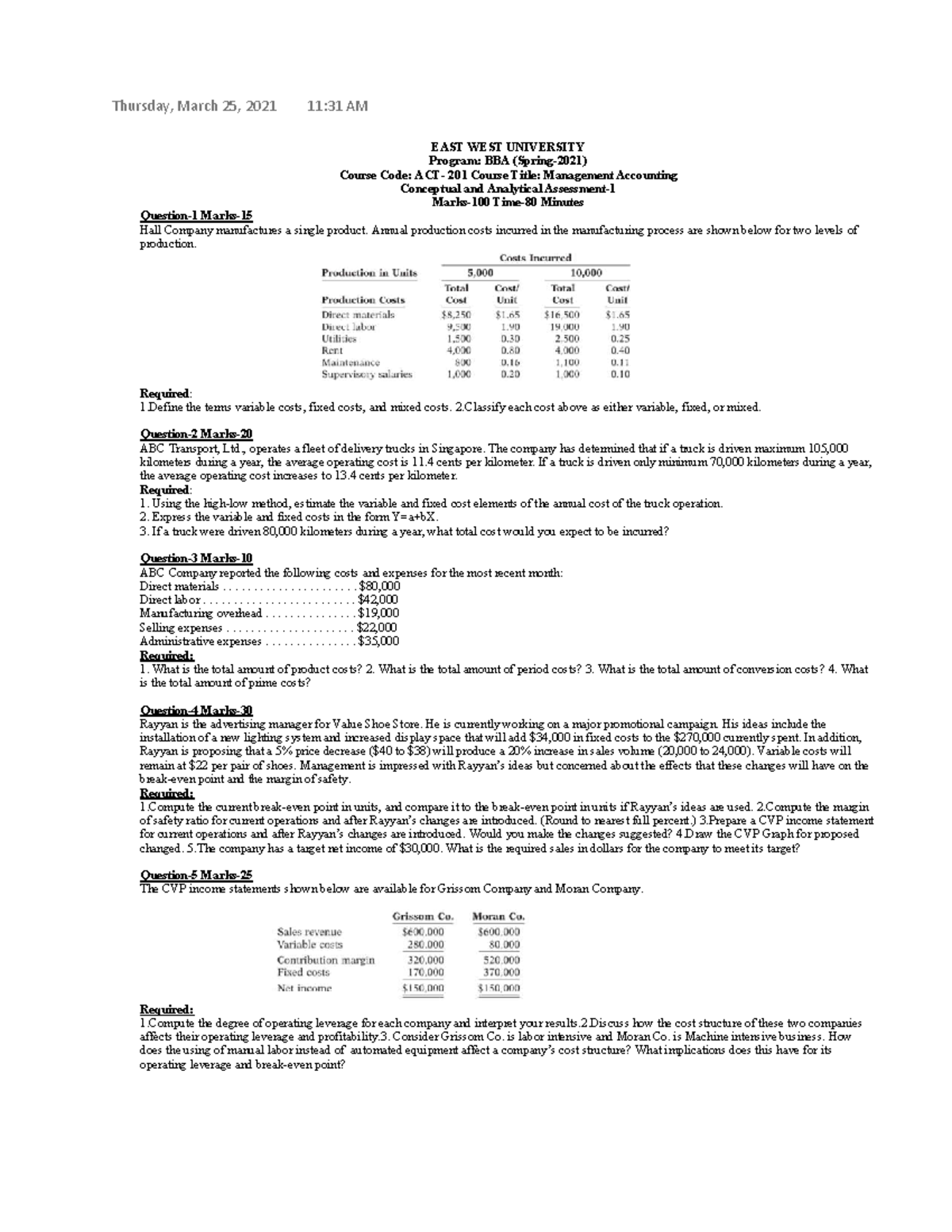 2. Analytical Assessment-1 (Managerial Accounting 201) - EAST WEST ...