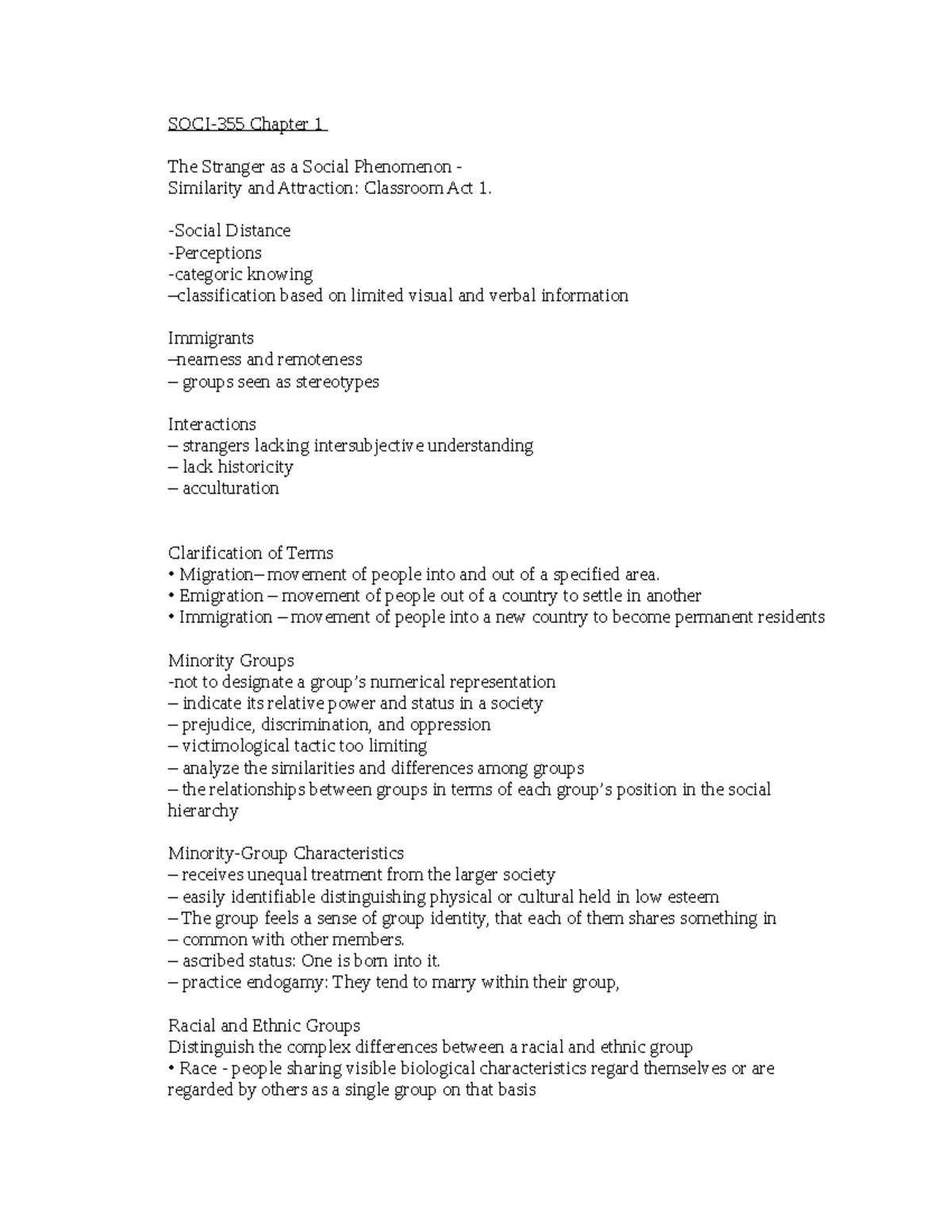 SOCI 355 Notes Diversity - SOCI-355 Chapter 1 The Stranger as a Social ...