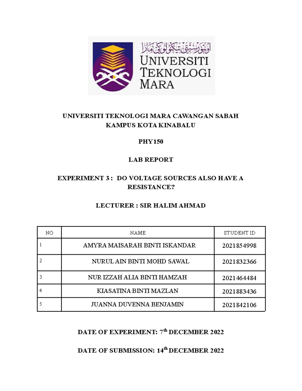 PHY150 LAB Report 2 - UNIVERSITI TEKNOLOGI MARA CAWANGAN SABAH KAMPUS KOTA KINABALU PHY LAB ...