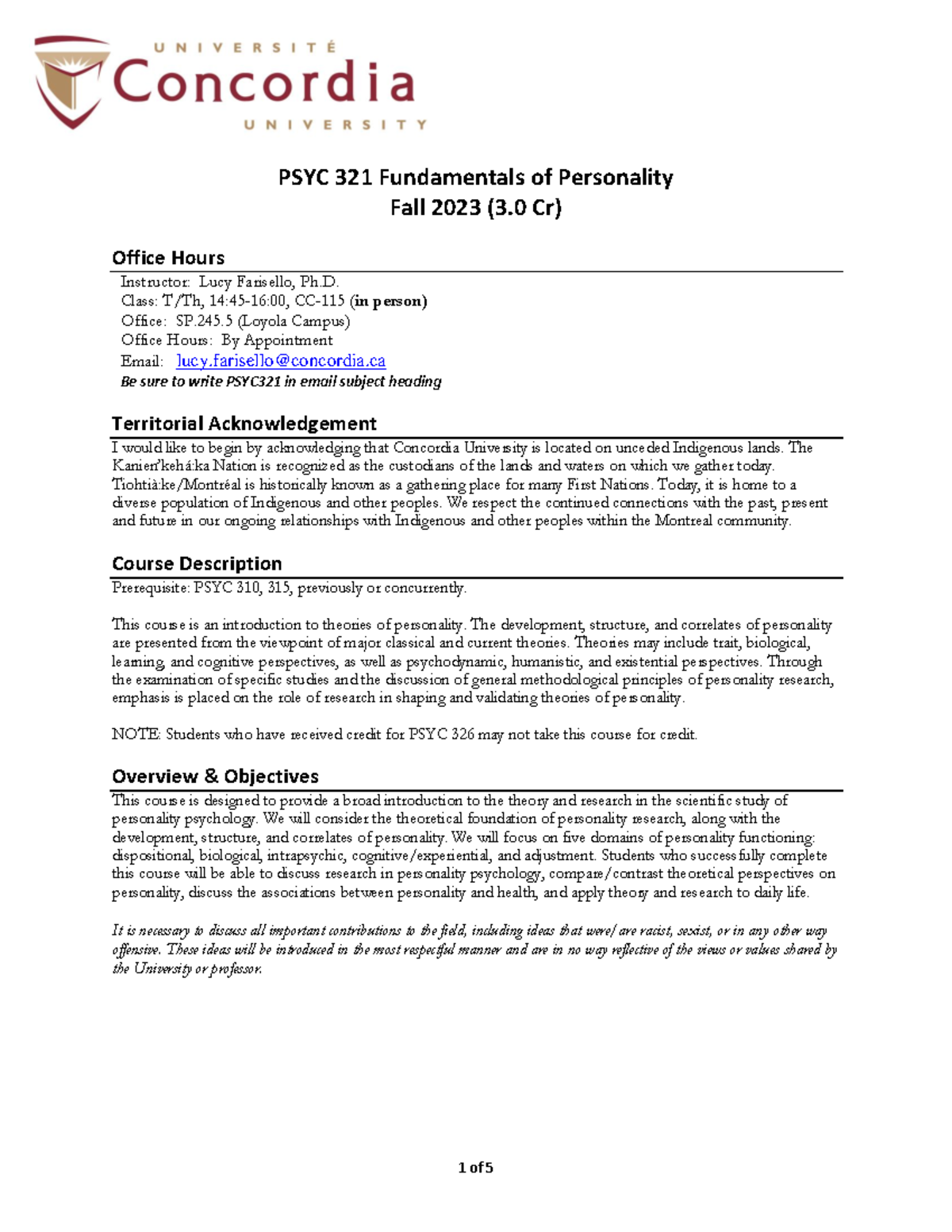PSYC 321 course outline - PSYC 321 Fundamentals of Personality Fall ...